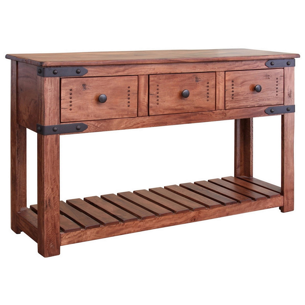 Umey 55 Inch 3 Drawer Sofa Table Slatted Bottom Shelf Brown Mango Wood ...