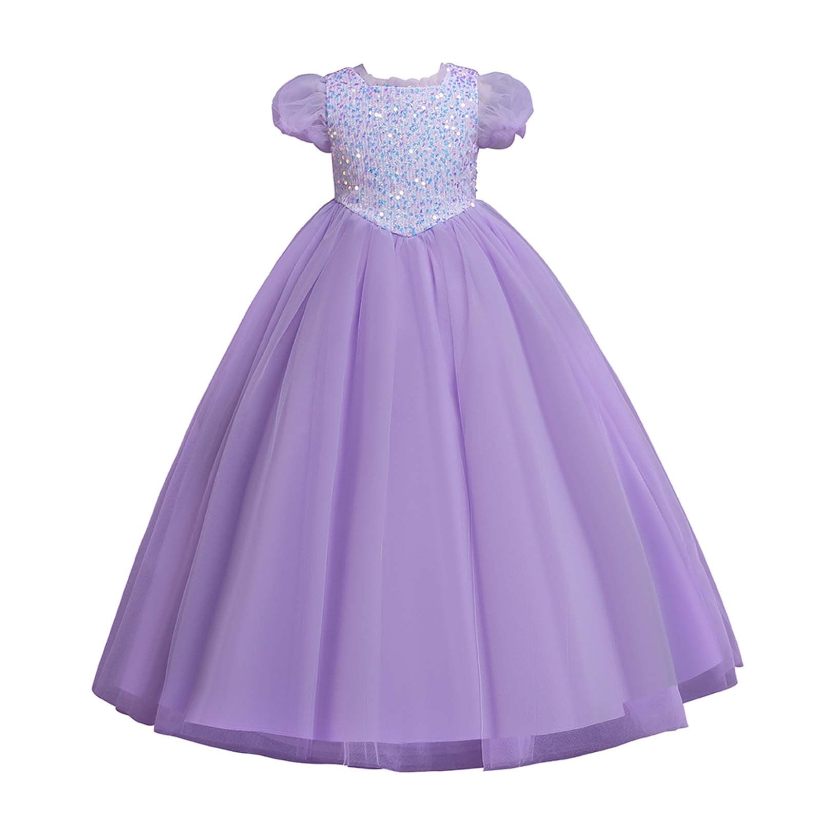 Umfun Children's Dress Girl Puff Sleeve Princess Long Sequin Ceremonial ...