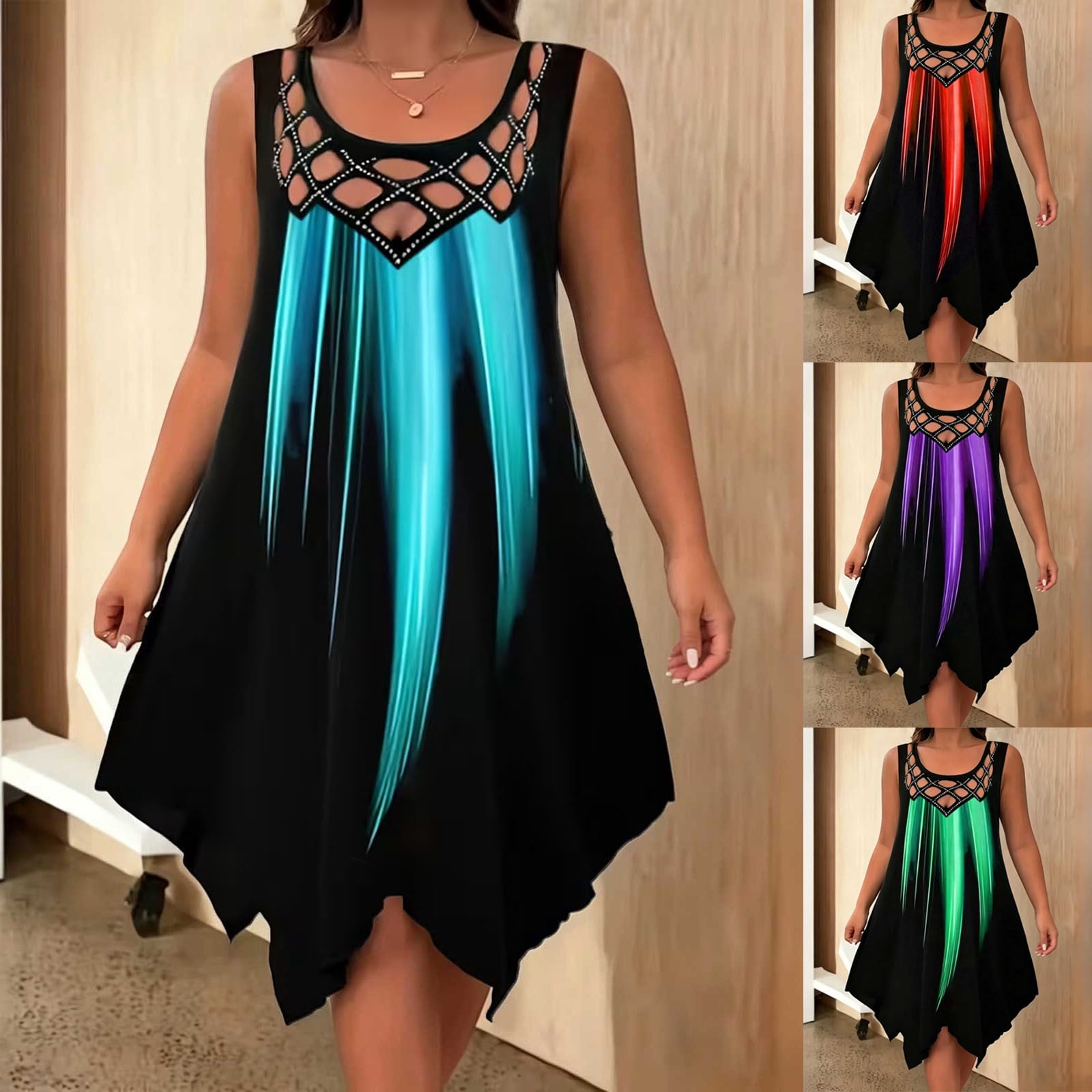 Umfun Unique Cutout Lattice Neck Dress with Asymmetric Hem - Loose Fit ...