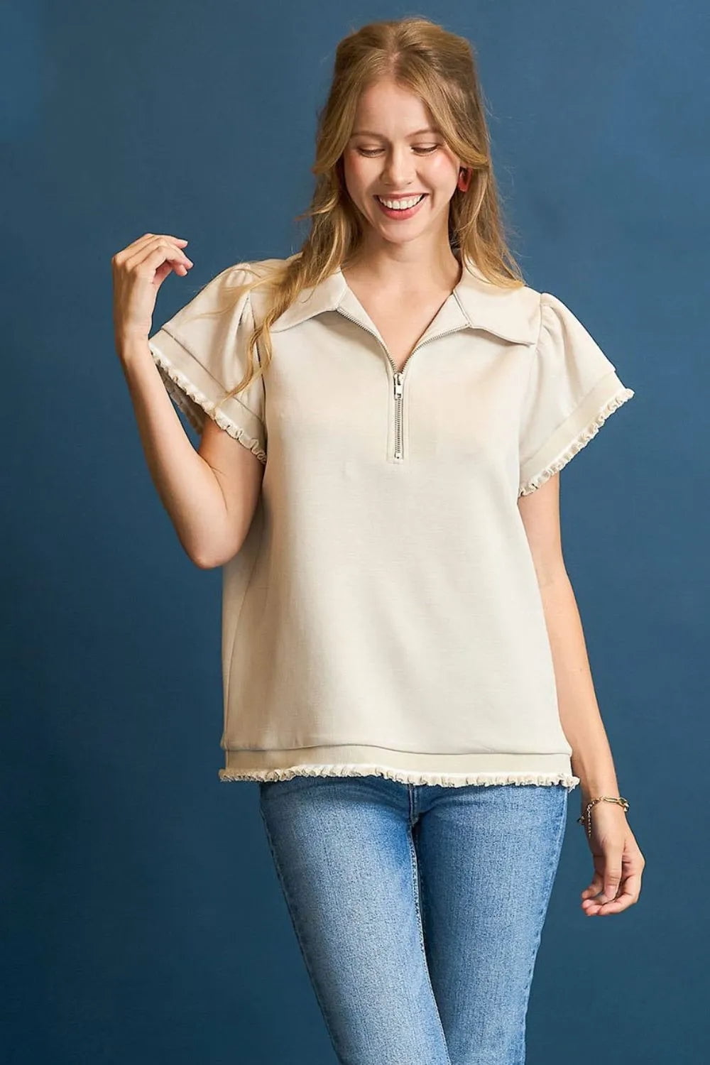 Umgee Frill Hem Half-Zip Collared Blouse - Walmart.com