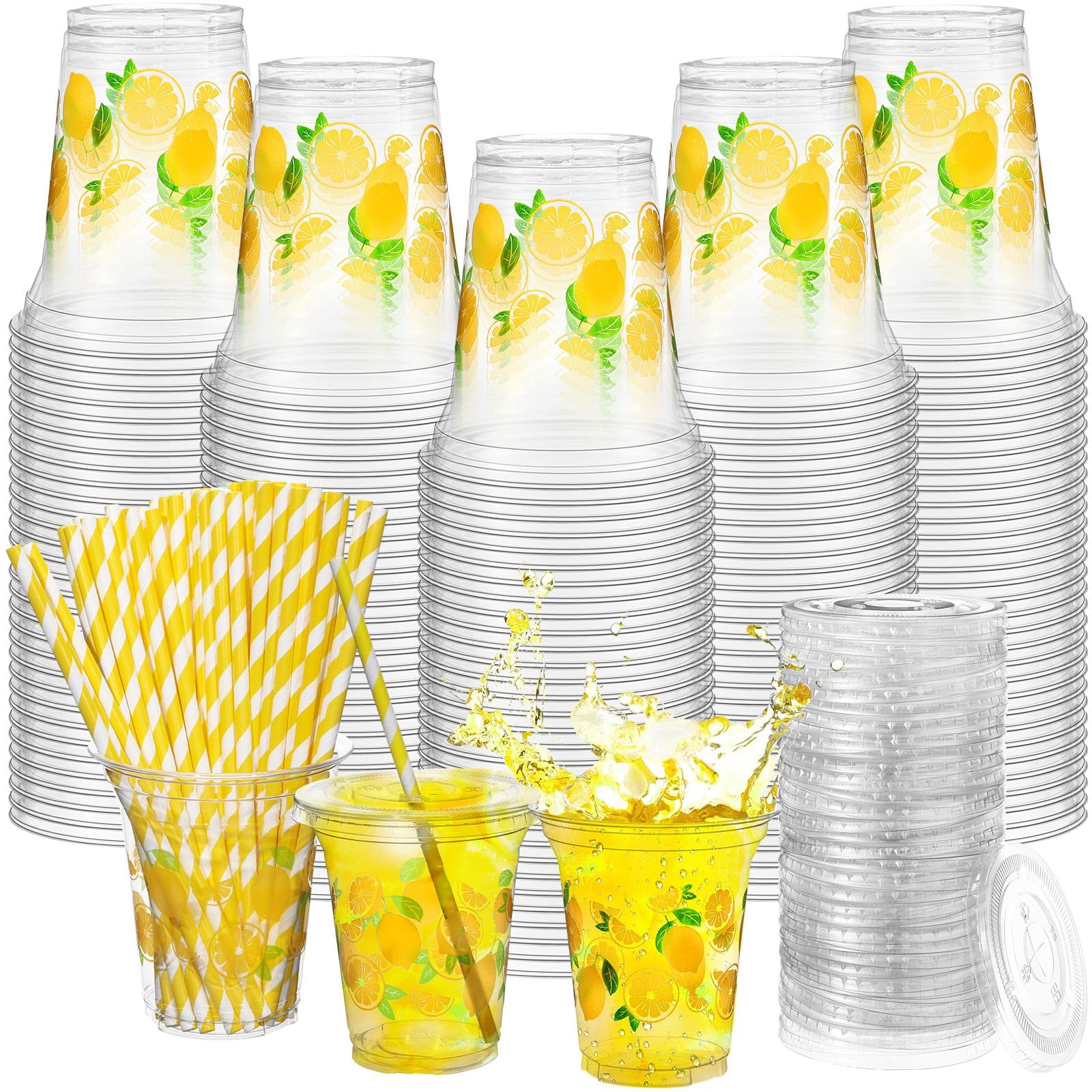 Umigy 100 Pack Plastic Disposable Cups with Lids and Straws 12 oz ...