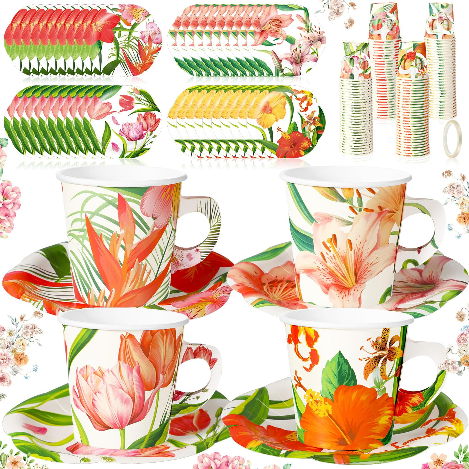 Umigy 60 Sets Tea Party Decorations AFN16.5oz Floral Paper Tea Cups ...