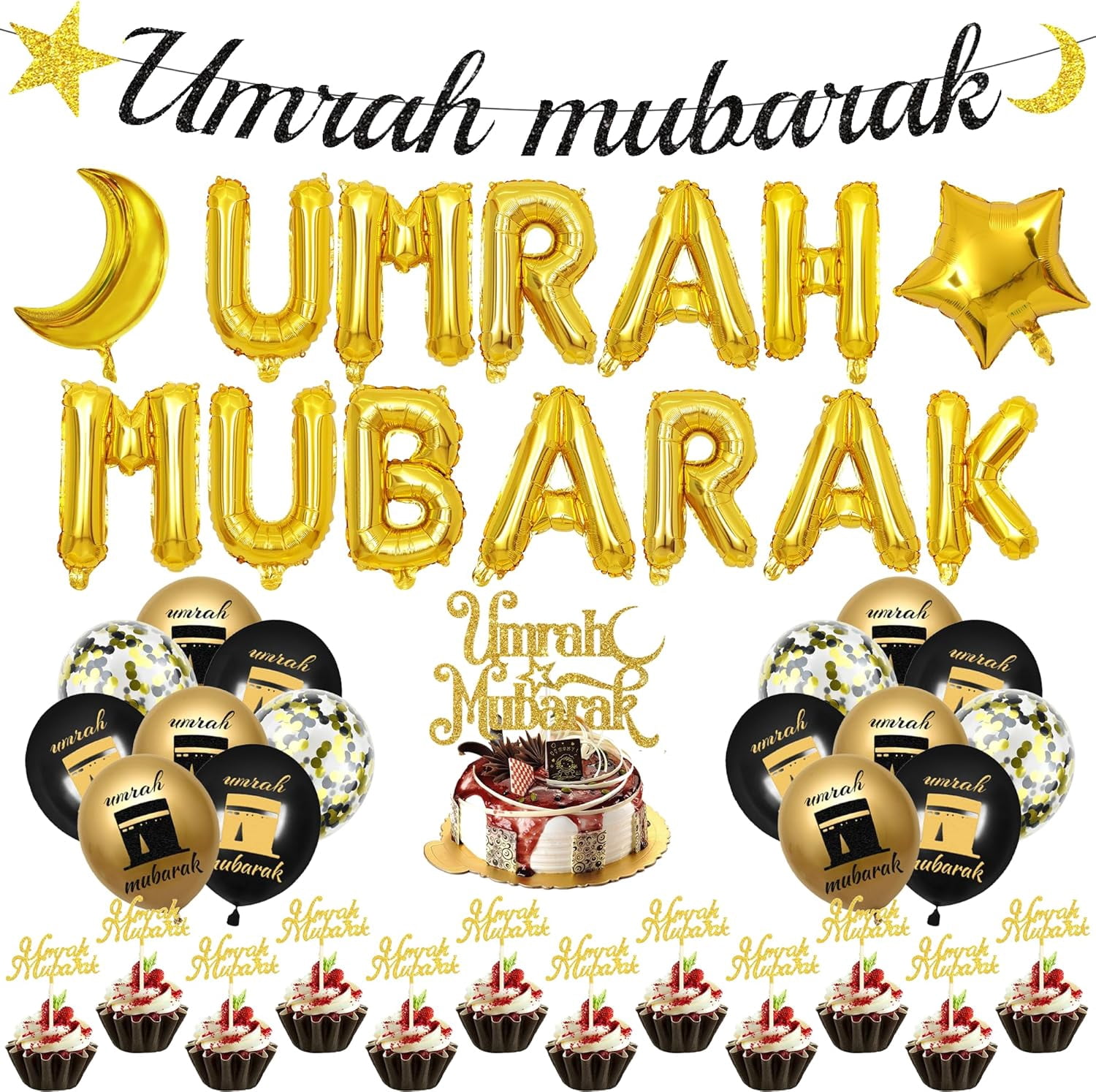 Umrah Mubarak Decorations Ramadan Eid - 44 Pcs Black Gold Hajj Ramadan ...