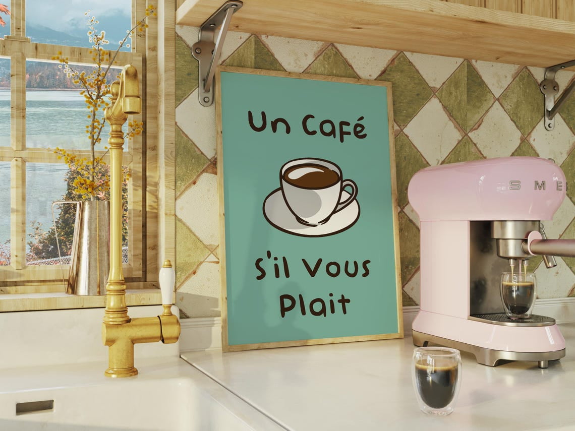 Un Café S'Il Vous Plaît Poster - Charming French Coffee Art, Kitchen ...