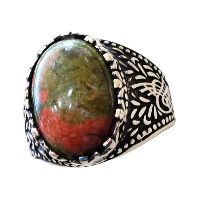 Unakite Jasper Mens Ring, Natural Unakite Jasper Ring, Oxidized, 925 ...