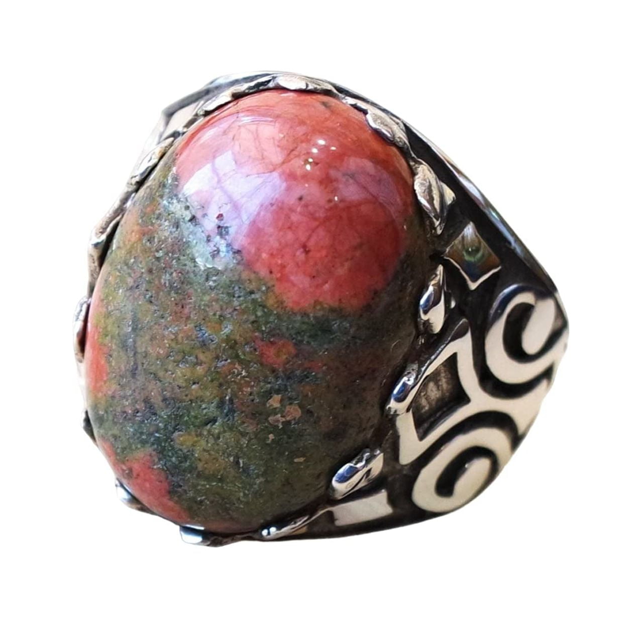 Unakite Jasper Mens Ring, Natural Unakite Jasper Ring, Oxidized, 925 ...