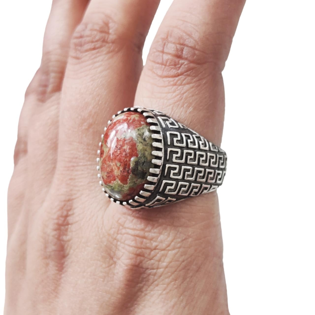 Unakite Jasper Mens Ring, Natural Unakite Jasper Ring, Oxidized, 925 Silver Ring, Birthday Gift ...