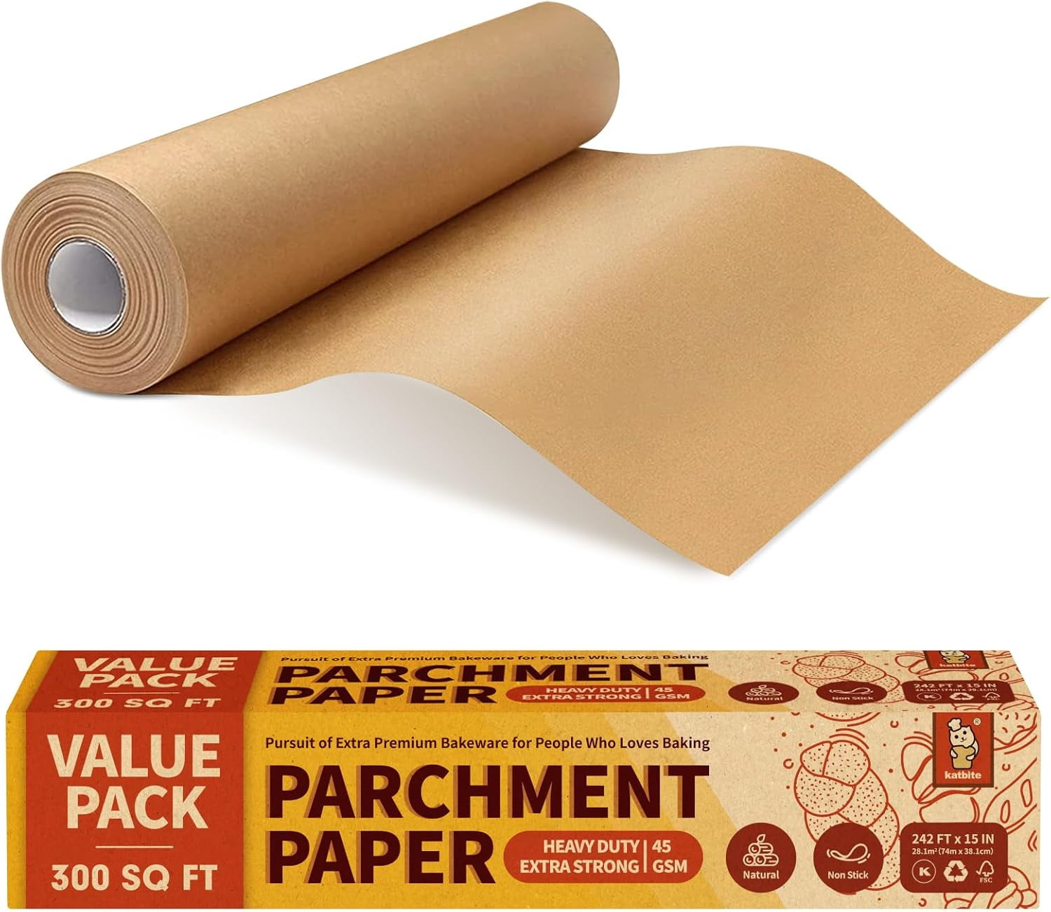 Unbleached Parchment Paper Roll, 15in x 242ft, 300 Sq.Ft, Non-Stick ...
