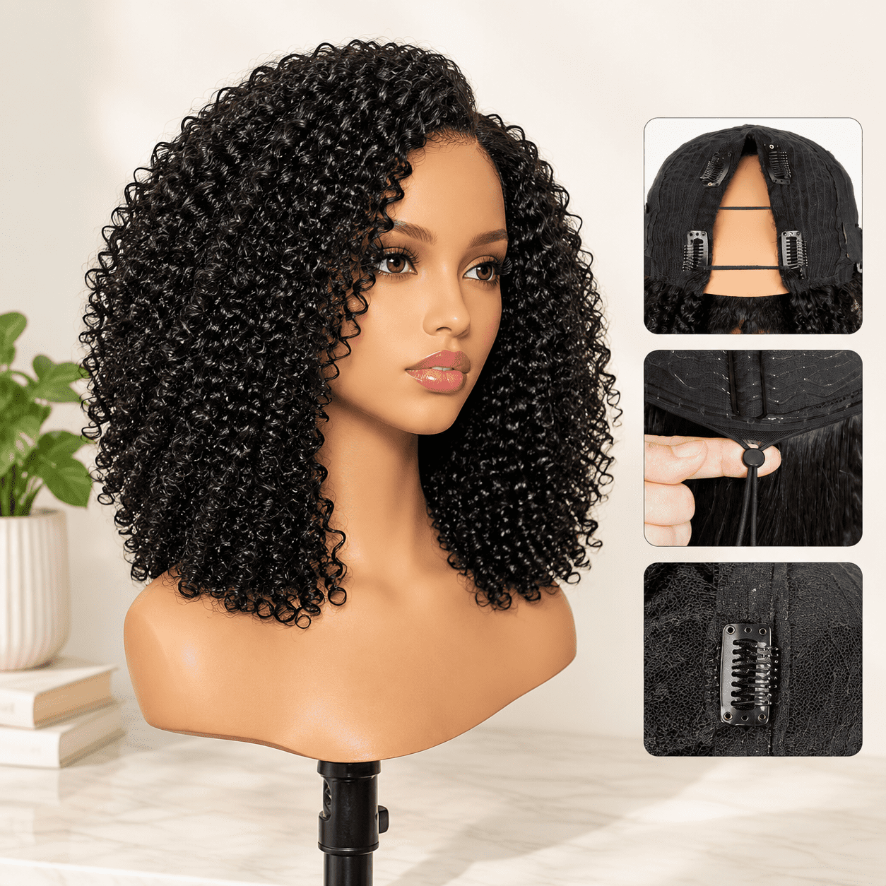 Unbranded 220 Density Kinky Curly V Part Human Hair Wig, 18 Inch, Black ...