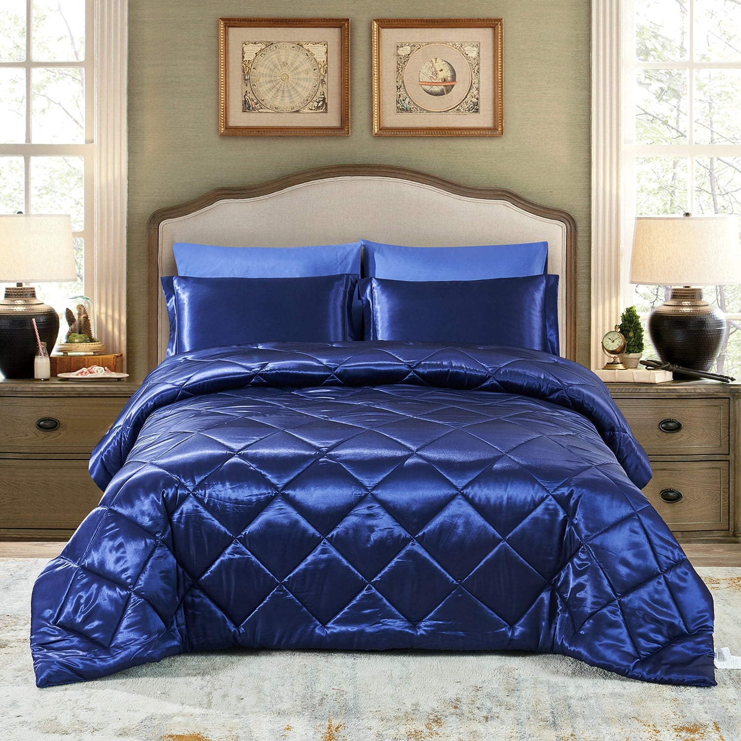 Unbranded 8 Piece Luxury Silky Satin Comforter Set Navy Queen 8 Piece ...
