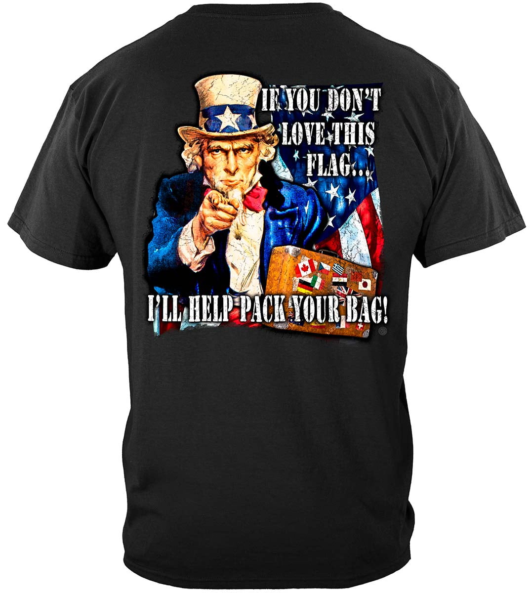 Uncle Sam Pack Your Bags Flag Design Patriotic 100% Cotton Black T ...