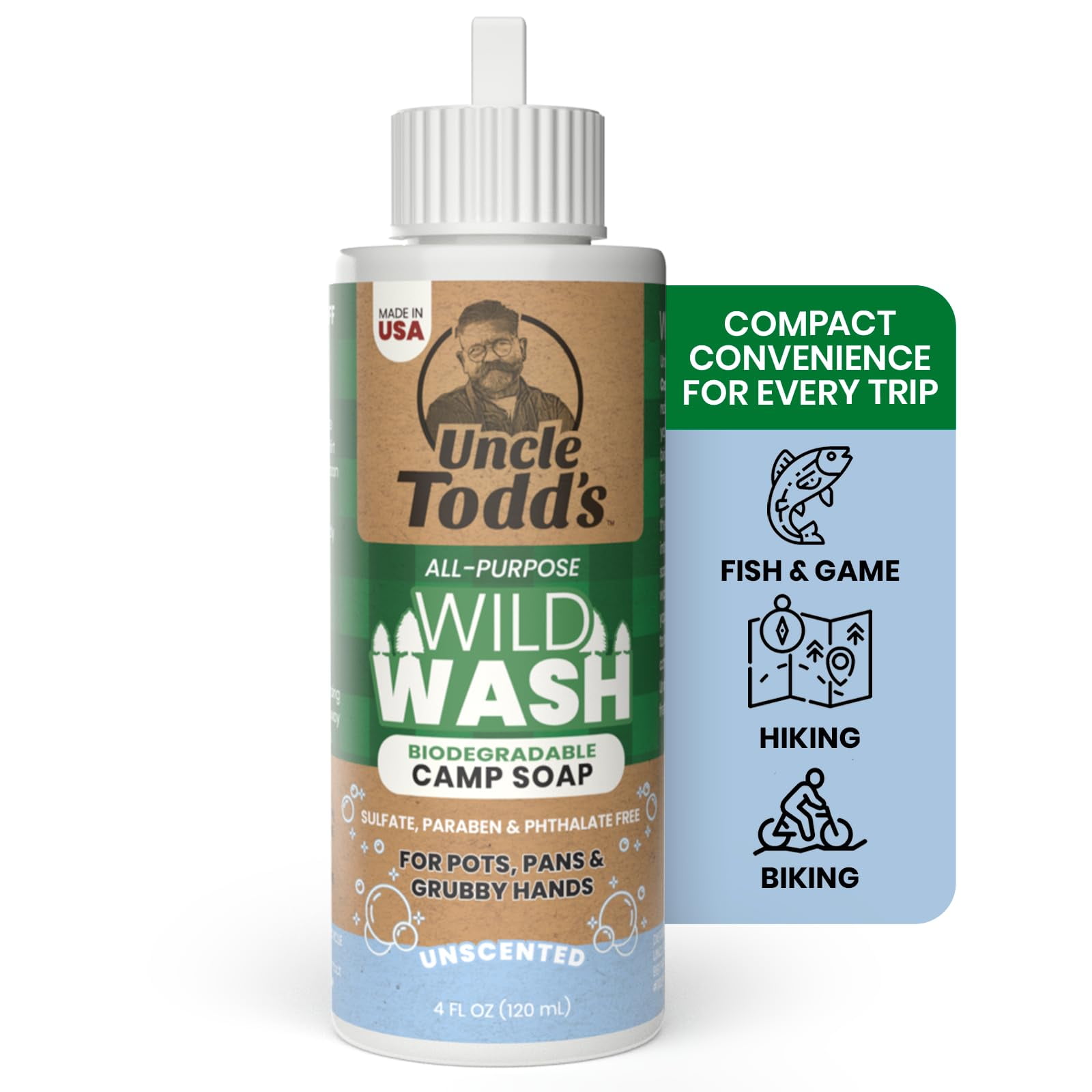Uncle Todd's Wild Wash MMF7 Biodegradable Camp Soap, Fragrance Free, 4 ...