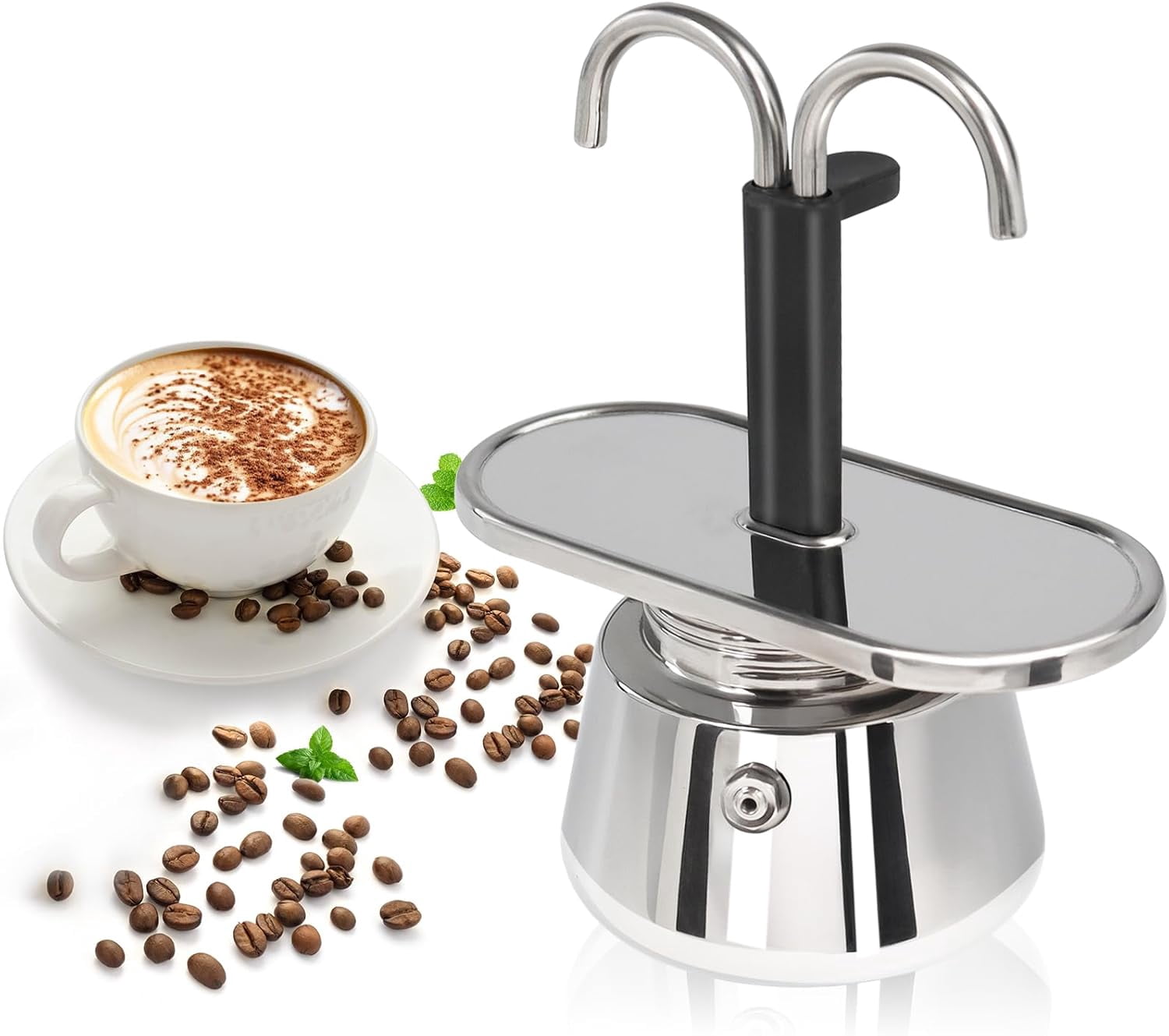 Uncoated 2 Cup Dual Pipe Moka Pot 304 Thickened Stainless Steel Mini ...