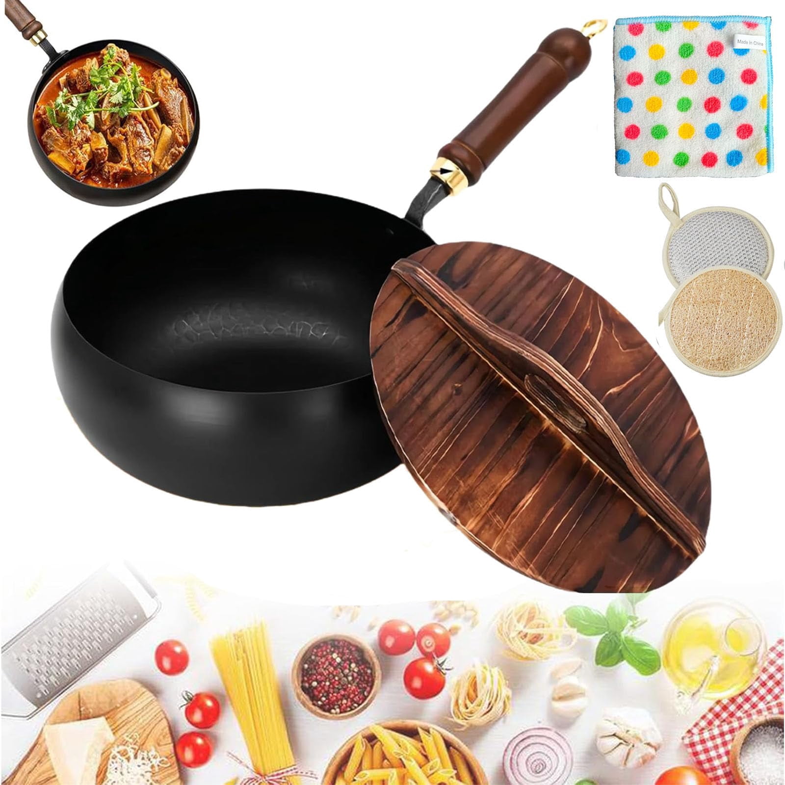 Uncoated Cast Iron Wok, 20-30cm Handmade Hammered Large Belly Pot ...