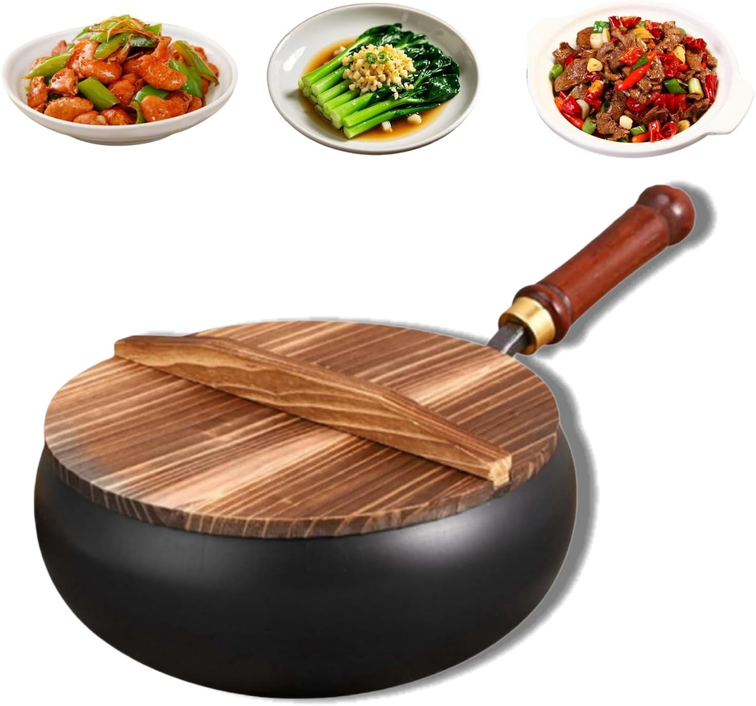 Uncoated Iron Pan, Nonstick Wok Hand Forged Iron Pan with Lid Stir Fry ...