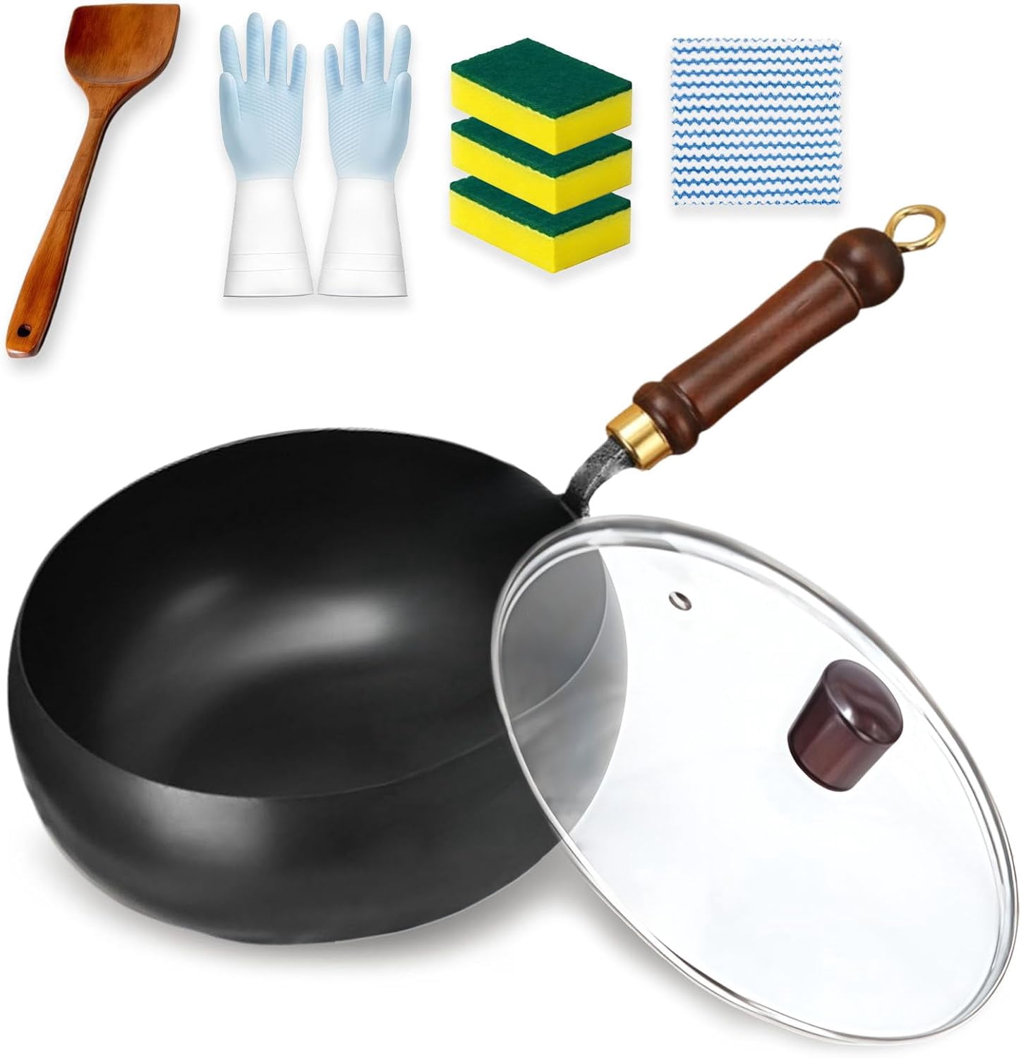 Uncoated Thick Iron Pot, Japanese Cast Iron Wok with Lid & Spatula, Non ...