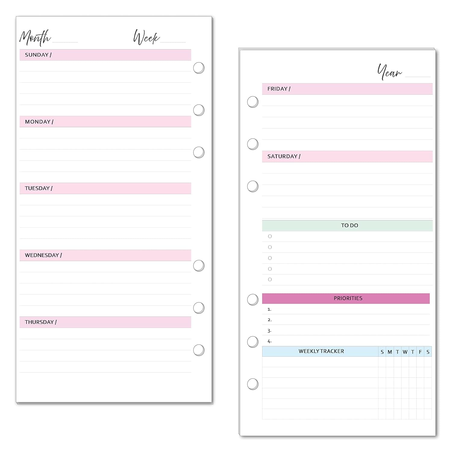 Undated Weekly Planner Inserts fits Personal Size Ring Binder Planers ...