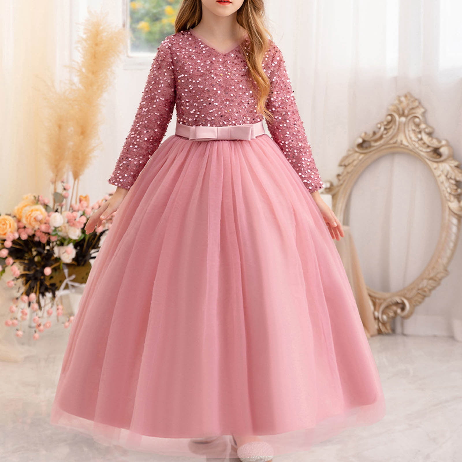 Under$10 Teyfeniy Girls Long Princess Dress Long Sleeve Sequin V Neck ...