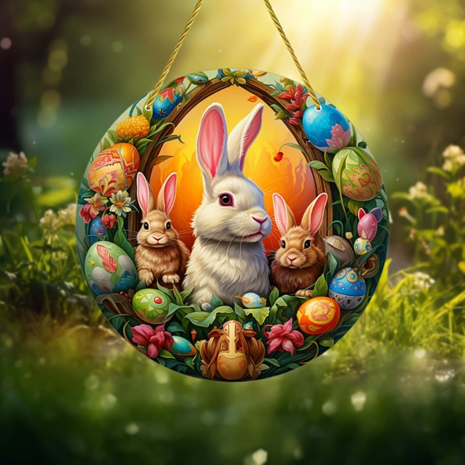 Under $10 tupukom Outdoor Easter Decor Easter Bunny Stained Glass Round ...