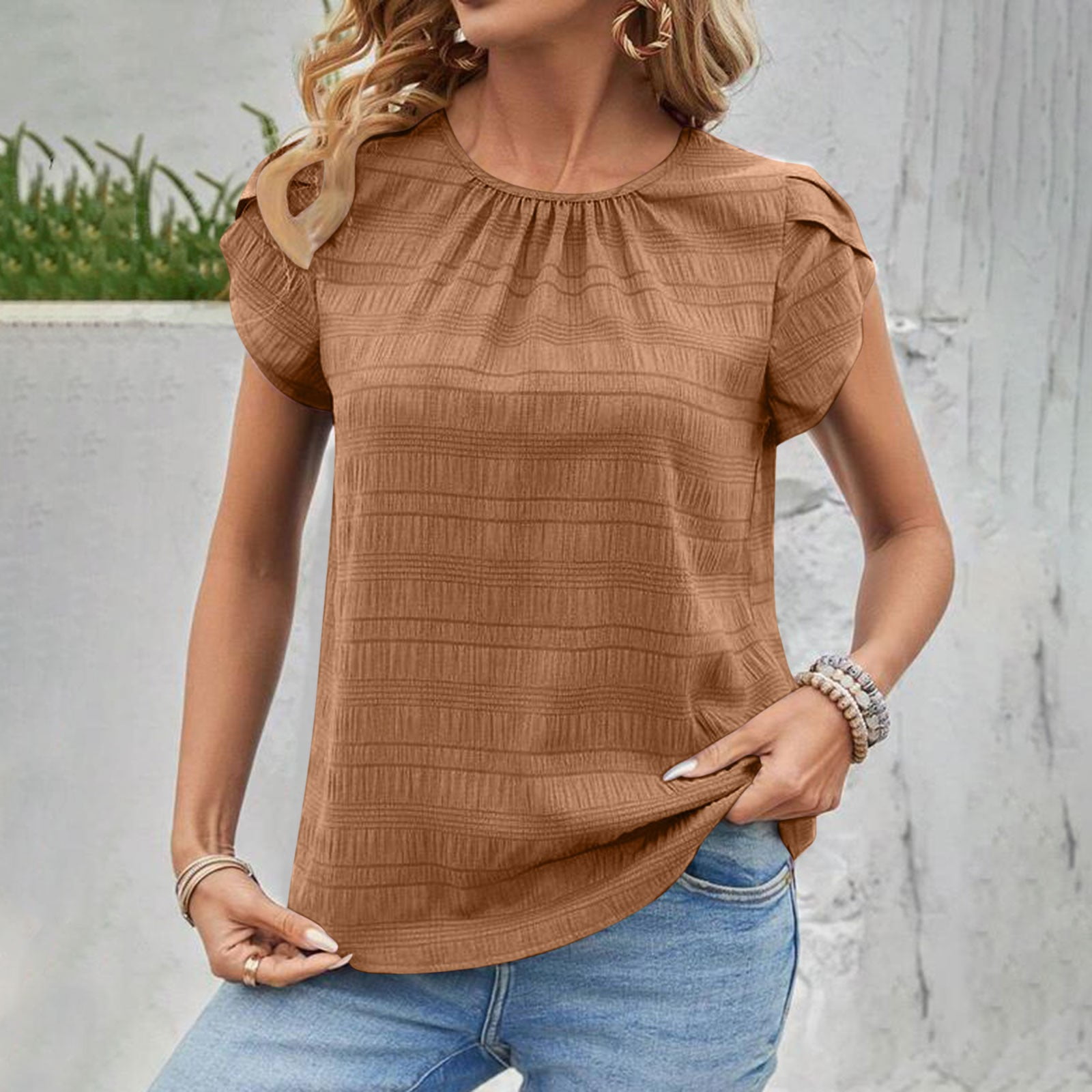 Dgankt Spring Tops for Women Women Solid Round Neck Sleeve Back Keyhole ...