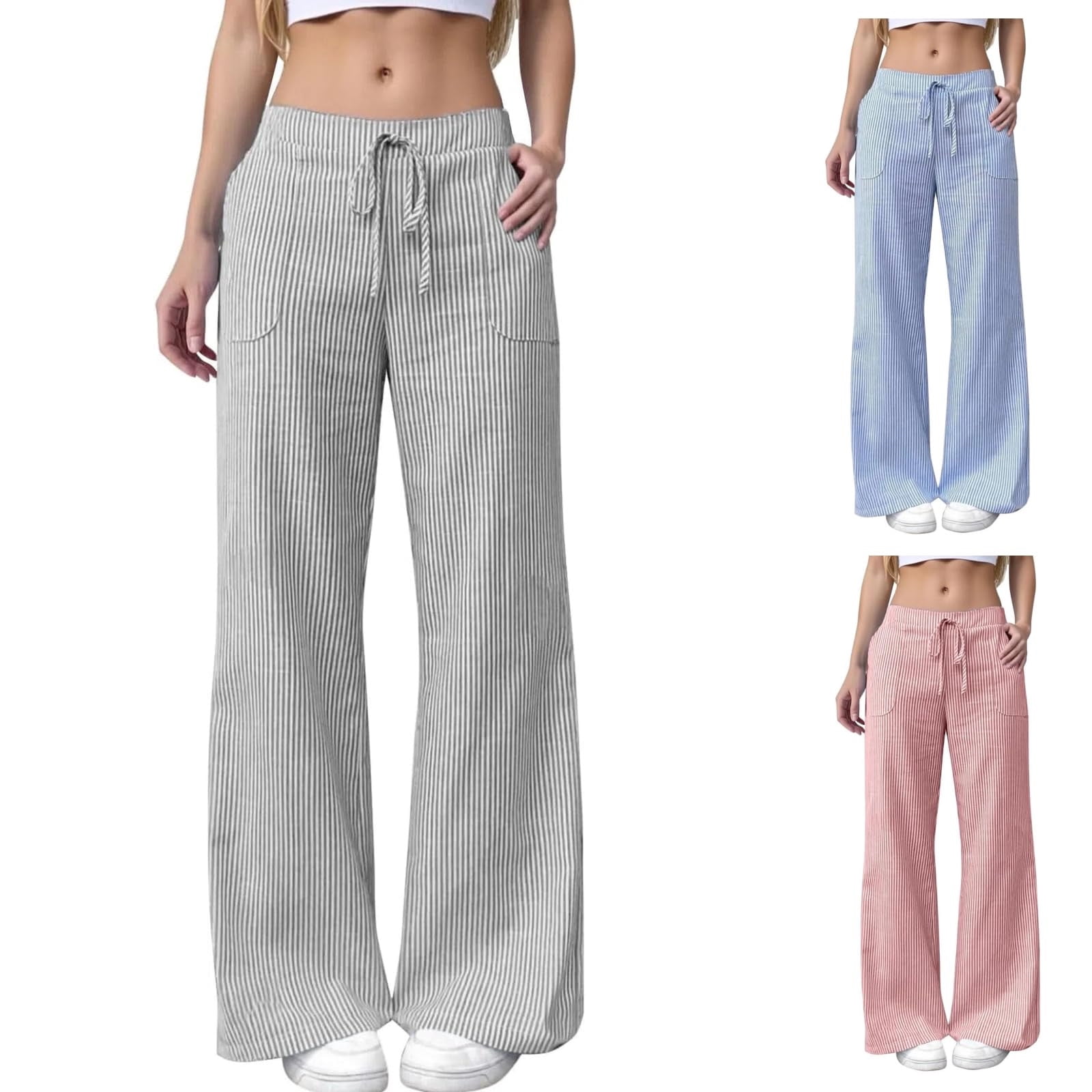Teyfeniy Pinstripe Pants for Women High Waist Linen Pants Drawstring ...