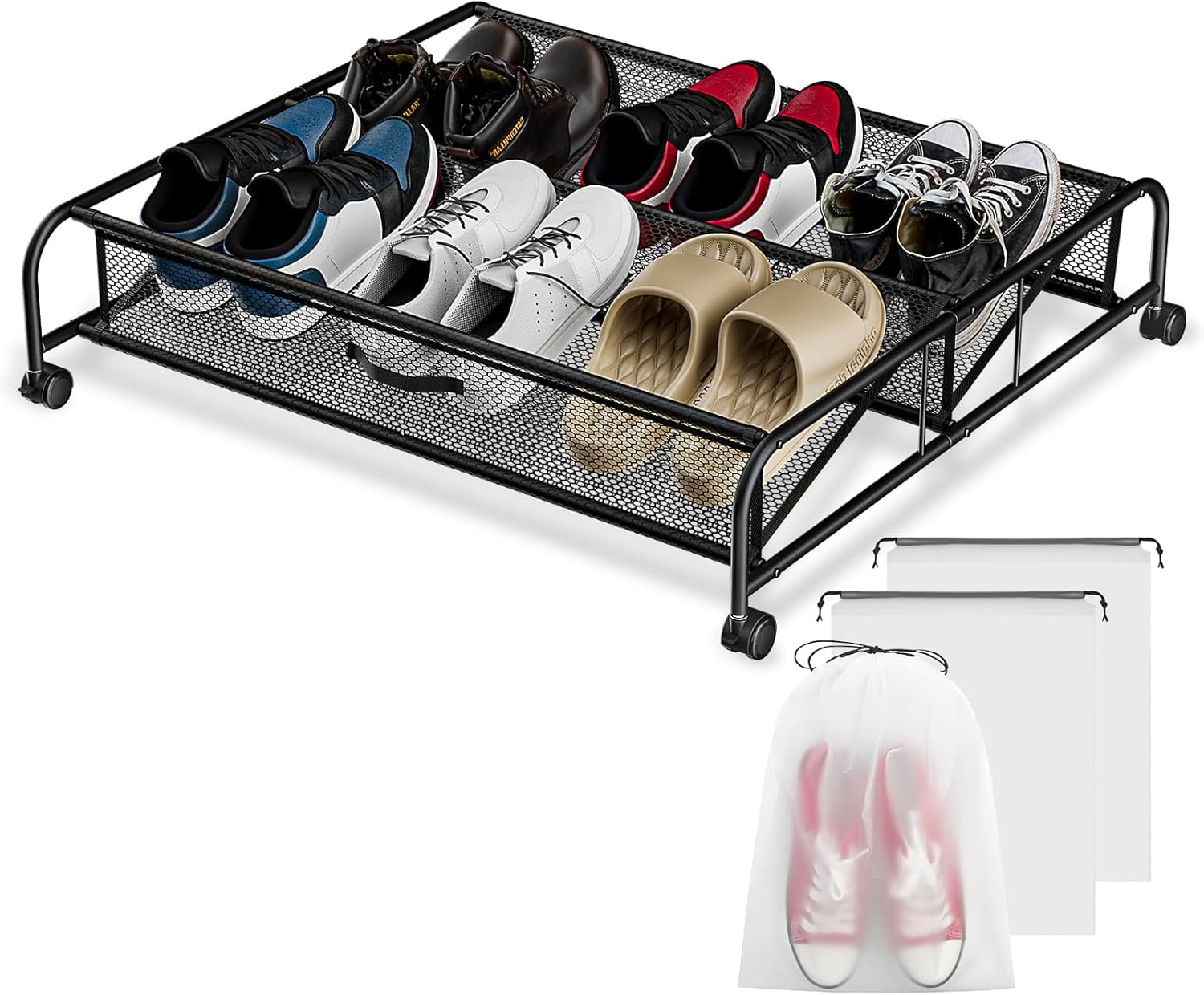 Under Bed Shoe Storage with Wheels, 2 Pack Under Bed Shoe Organizer ...