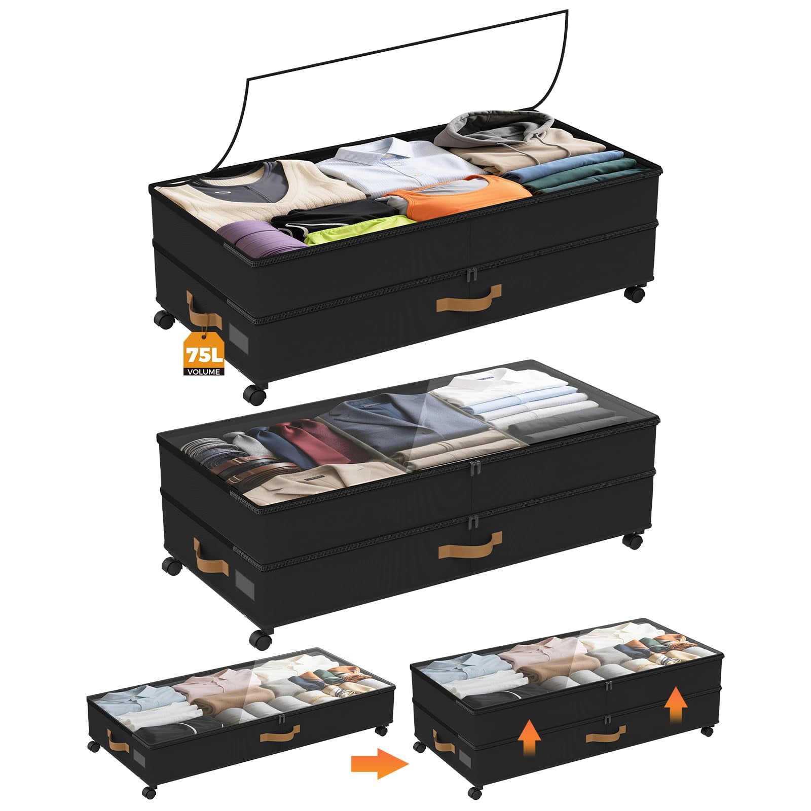 Under Bed Storage Bin Black 2-Pack 75L XXL Adjustable Height Rolling ...