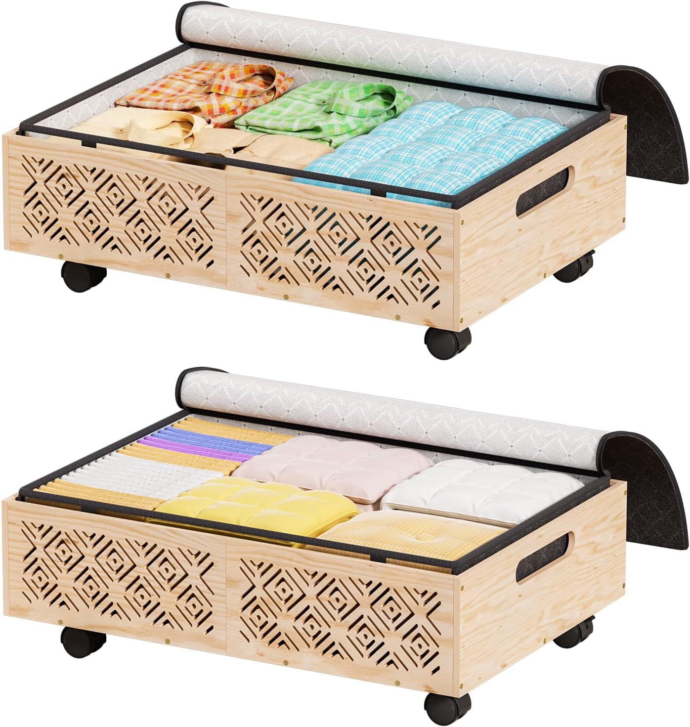Under Bed Storage Containers-2 Pack Wooden Underbed Organizer with ...