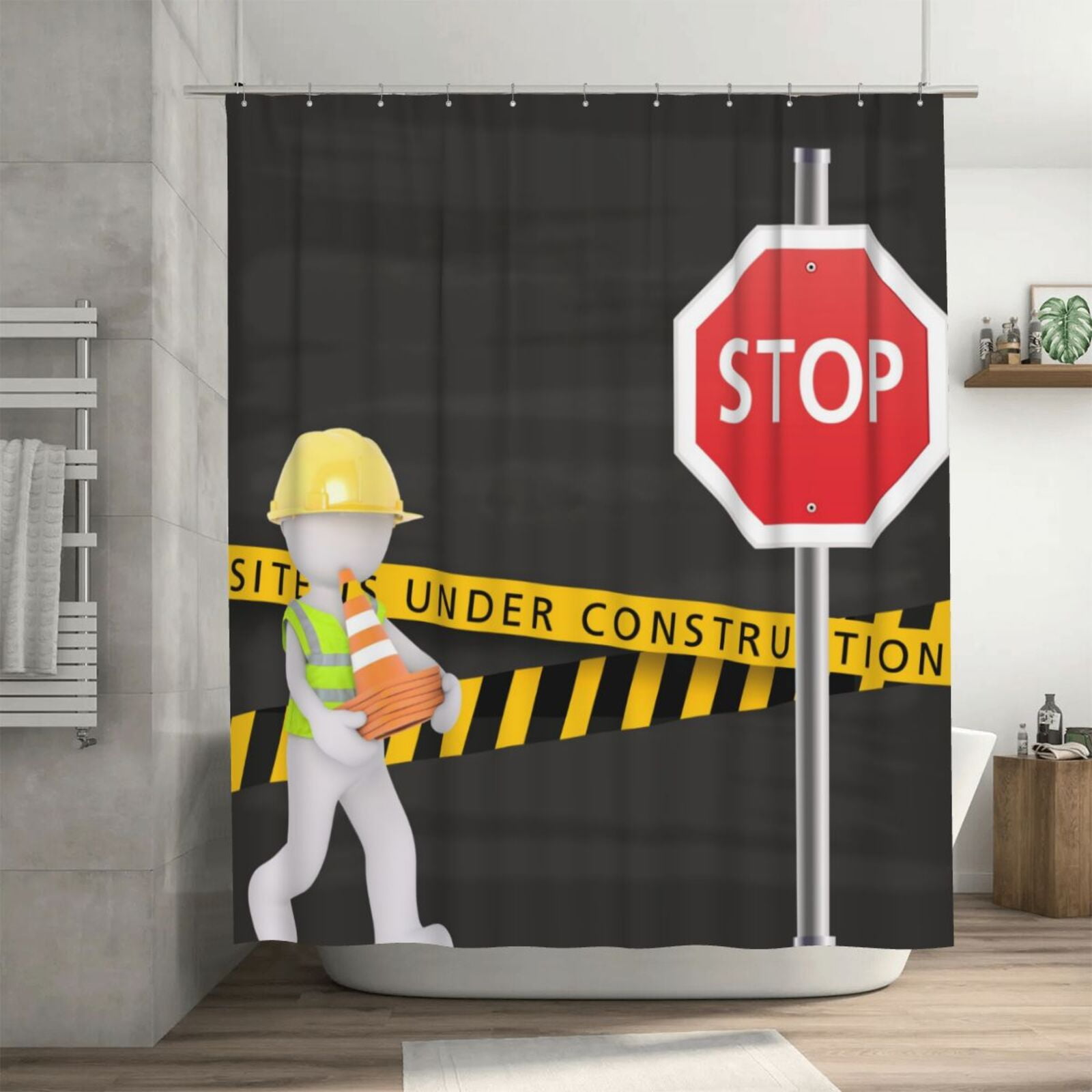 Under Construction Site Pattern Shower Curtain, Stop Sign Waterproof ...