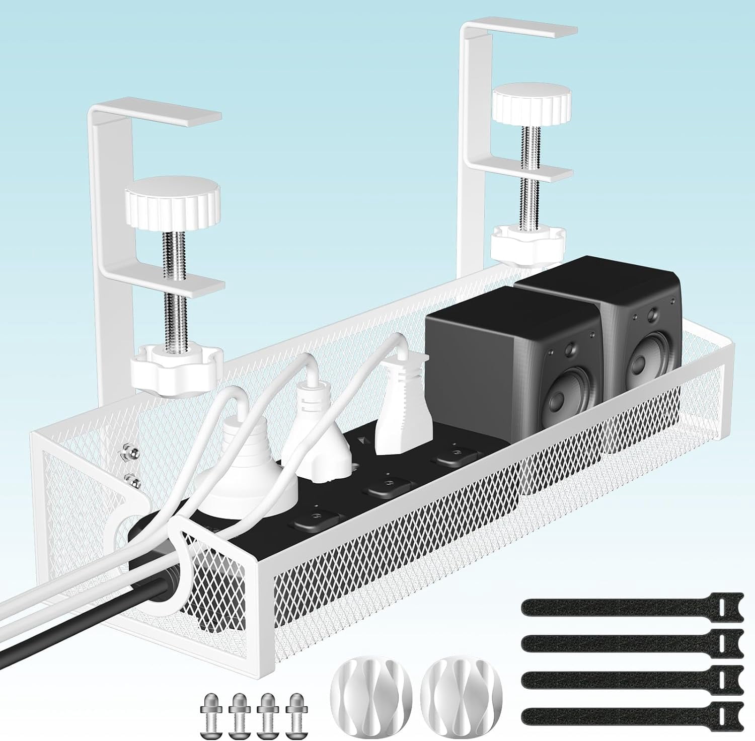 Under Desk Cable Tray White, No Drill Cable Organizer with Clamp for ...