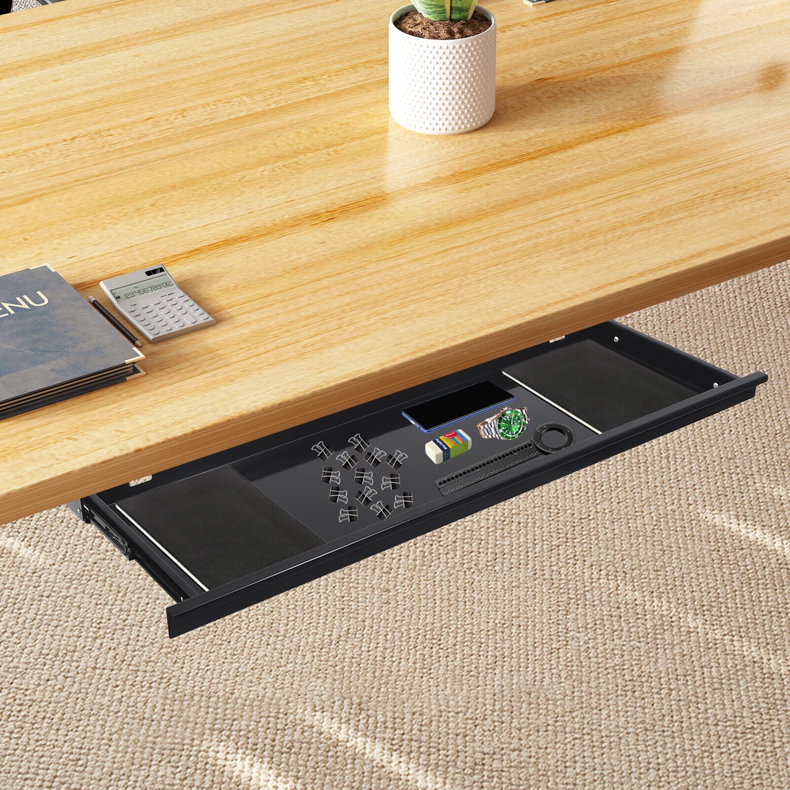 Under Desk Mounted Keyboard Tray Sliding Pull-out Storage Drawer Shelf ...