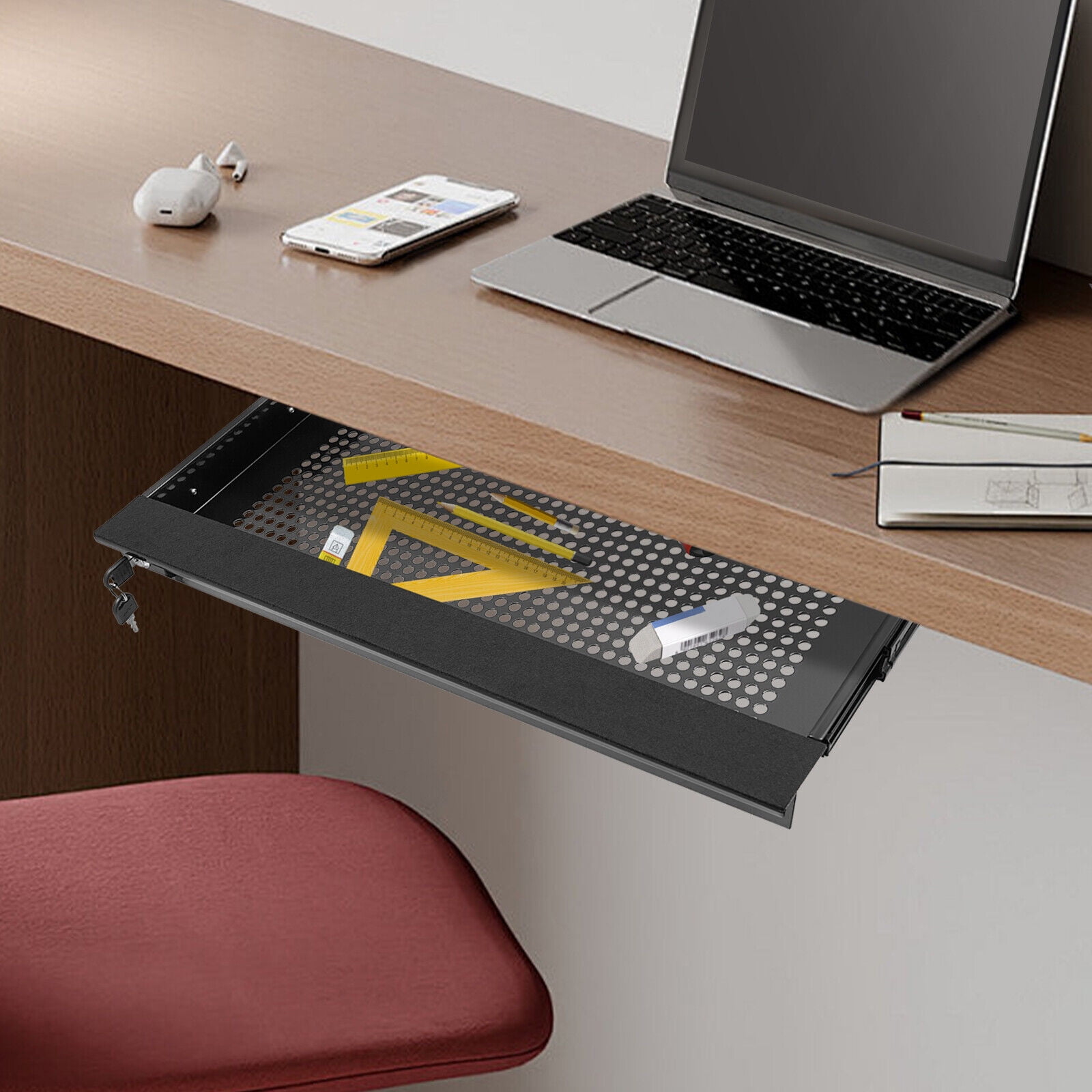 Under Desk Mounted Sliding Pull-out Drawer Drawer Storage Organizer ...