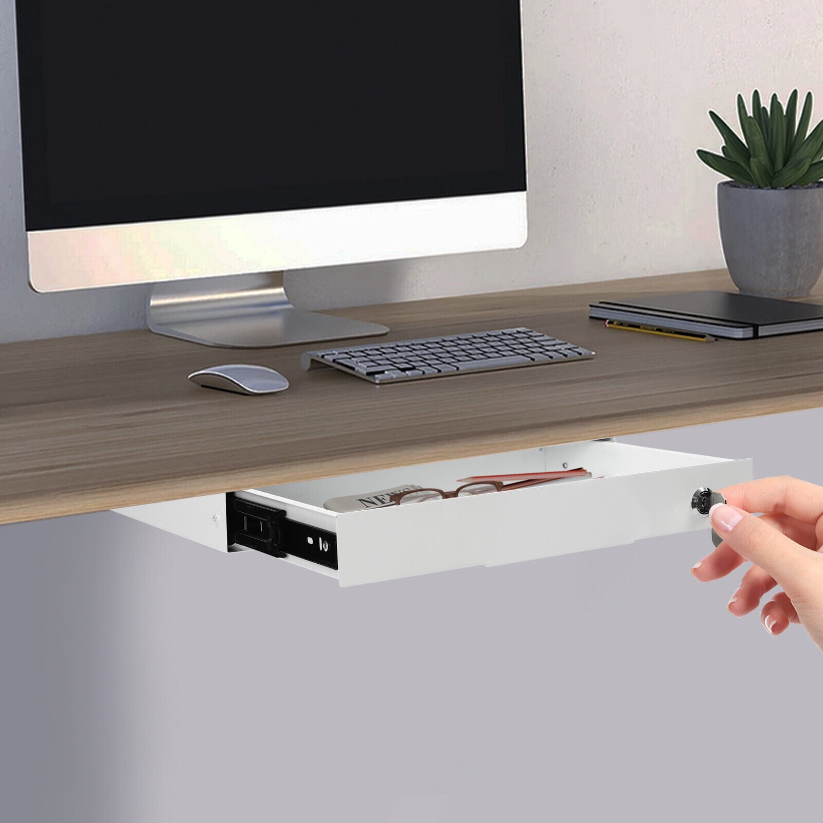 Under Desk Mounted Sliding Pull-out Drawer, Storage Organizer for Sit ...