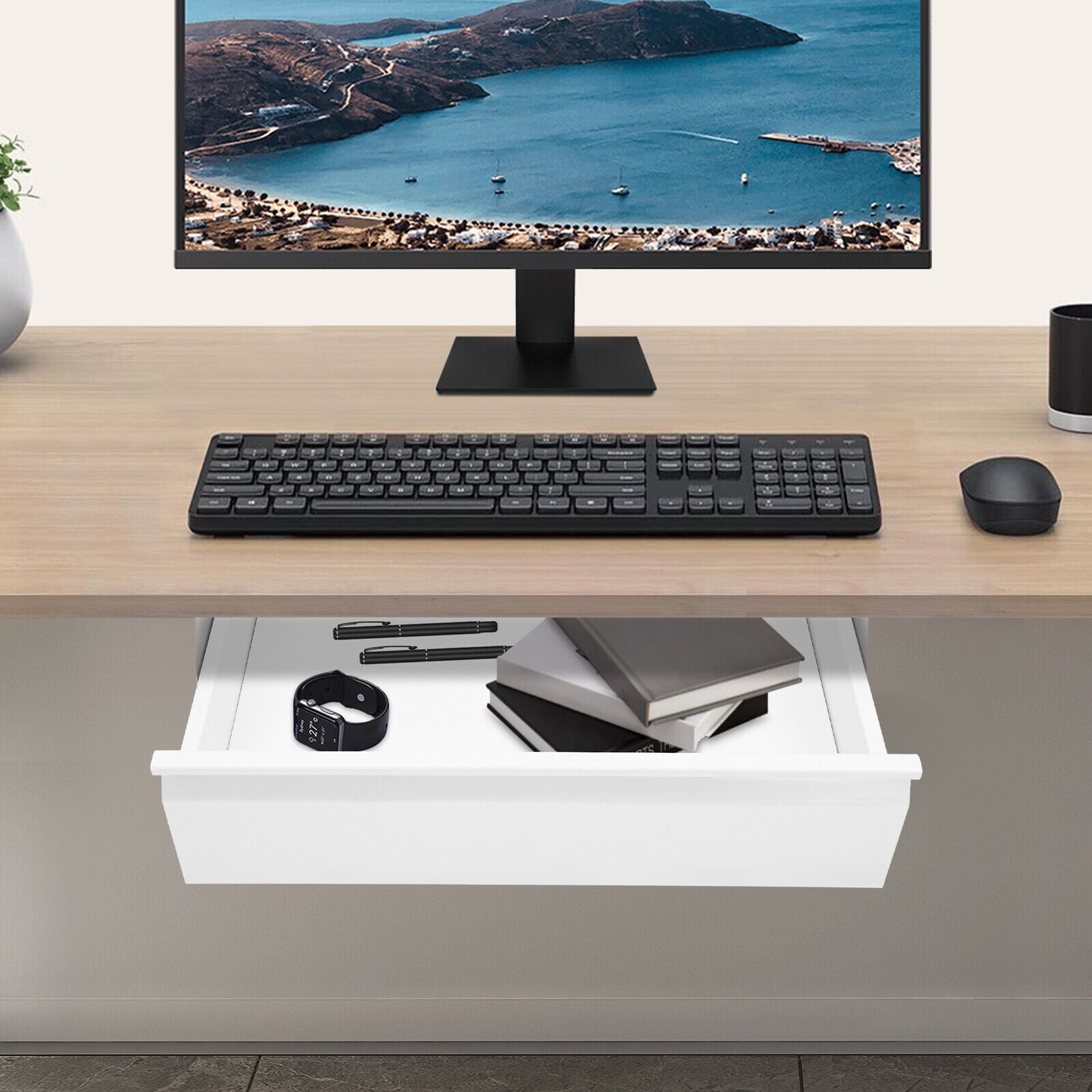 Under Desk Mounted Sliding Pull-out Drawer, White Storage Organizer for ...