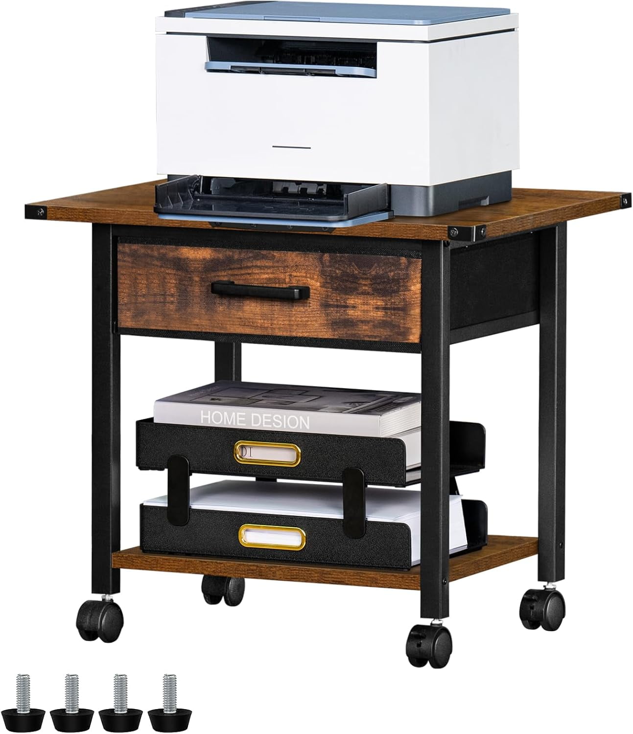 Under Desk Rolling Printer Stand with Drawer, 2-Tier Industrial Mobile ...