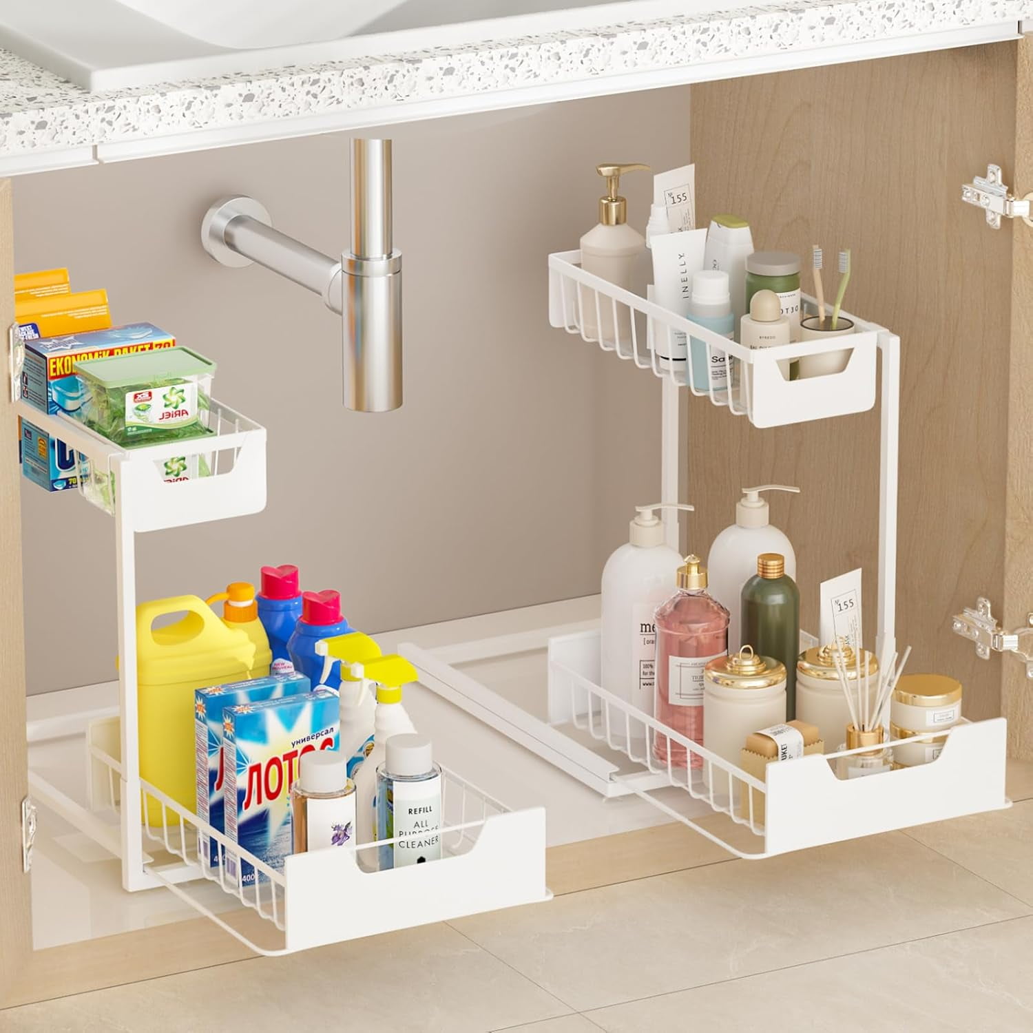 Under Kitchen Sink Organizer 2 Tier Pull Out Metal Under Cabinet ...