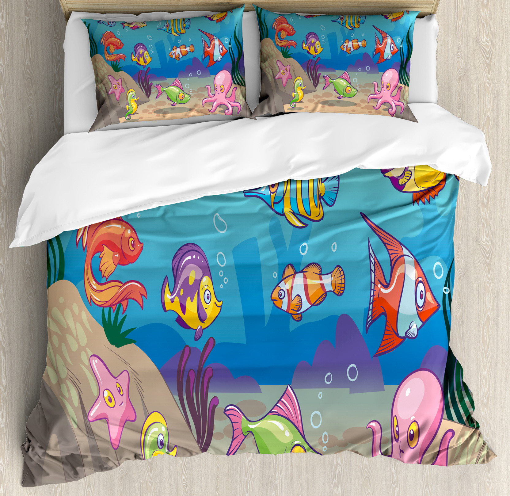Under the Sea Duvet Cover Set, Colorful Cartoon Sea Animals Undersea ...