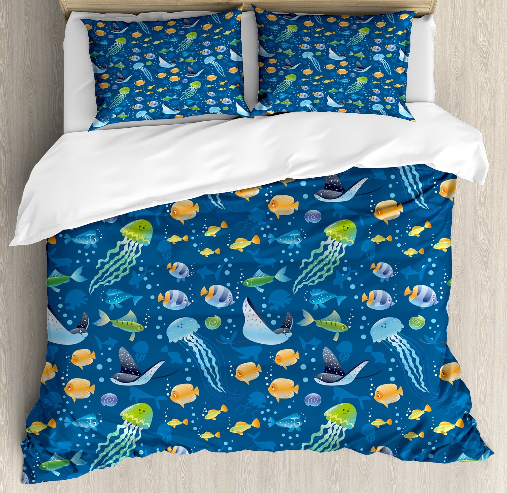Under the Sea Duvet Cover Set, Fish Turtle and Other Swimming Nautical ...