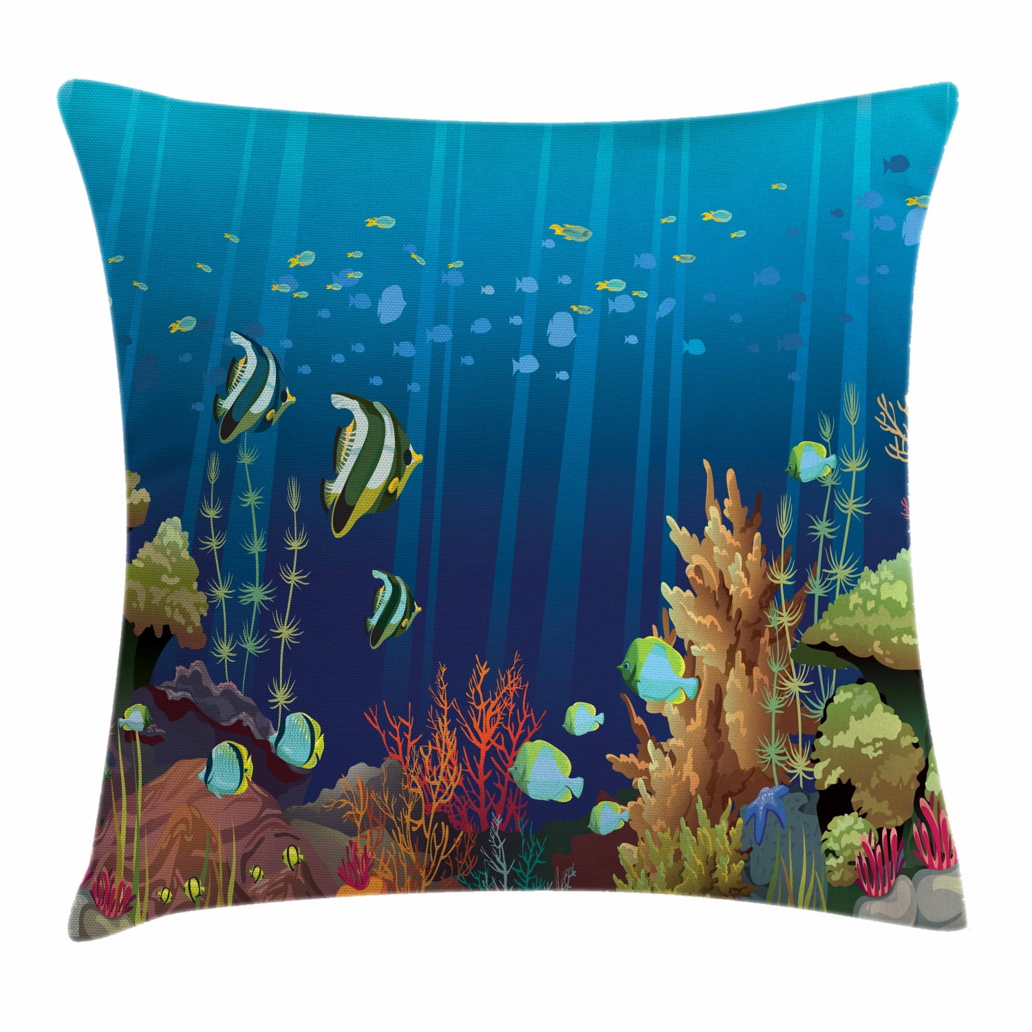 Under the Sea Throw Pillow Cushion Cover, Coral Reef with Sea Creatures Tropical Oceanic Life ...