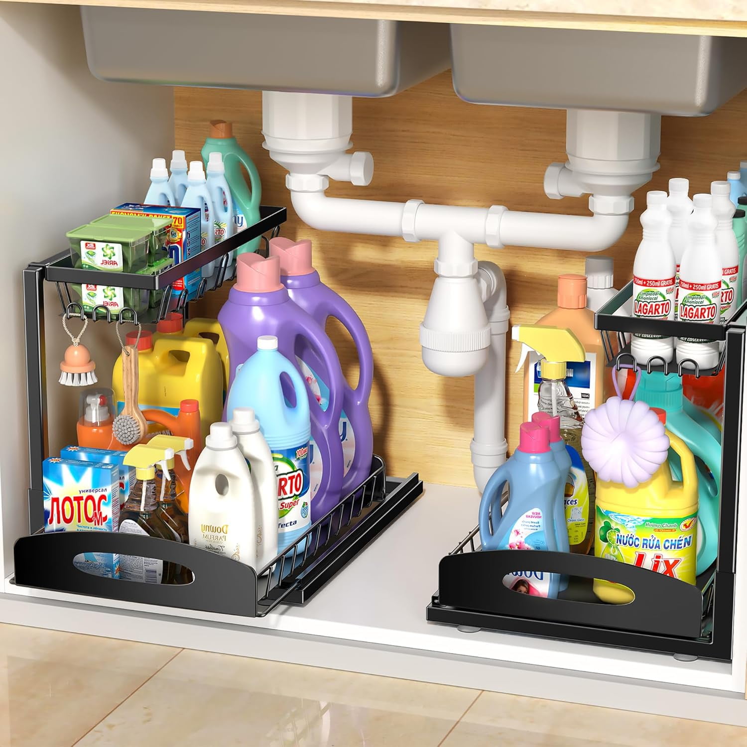 Under Sink Organizer, 2 Pack L-Shaped Bathroom Kitchen Organizers and ...