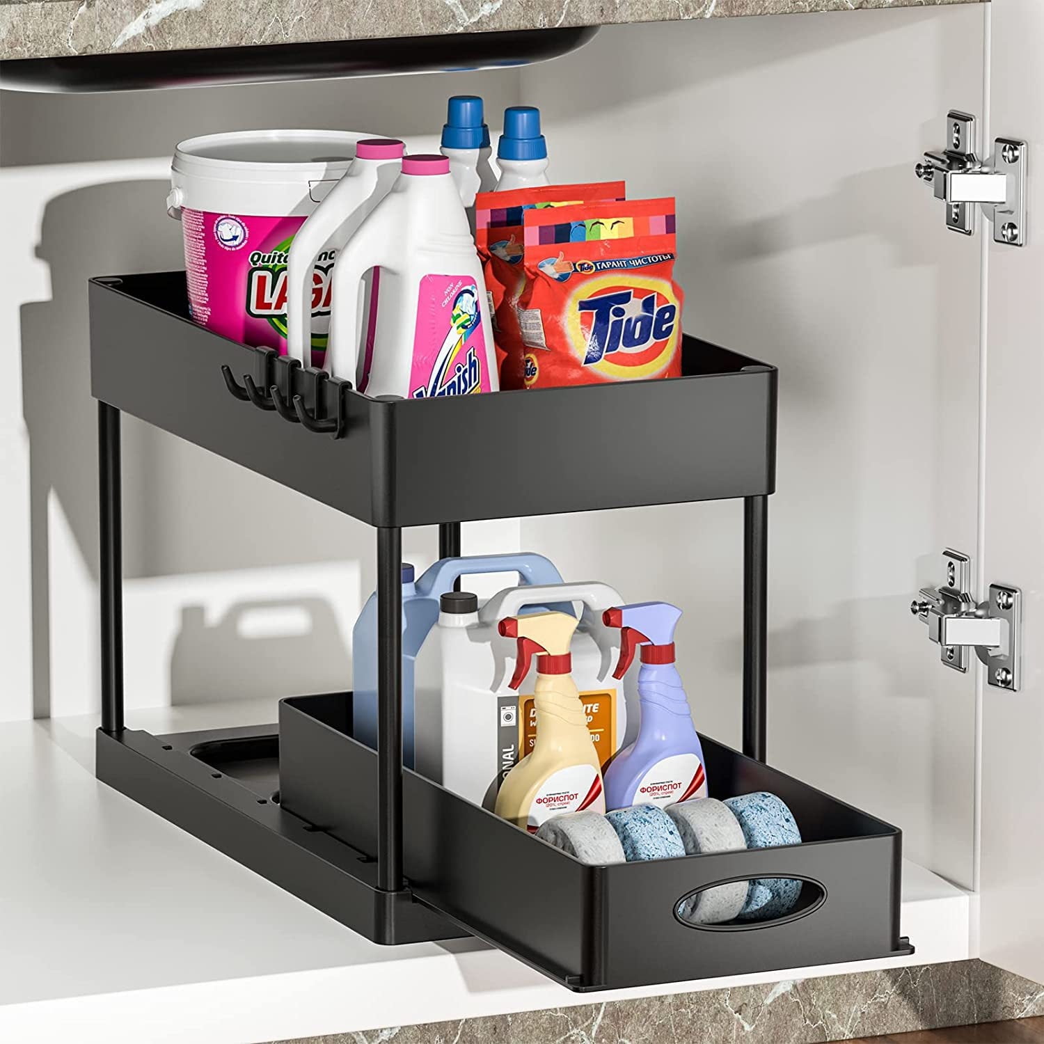 Mountdog Under Sink Organizer, 2-Tiered Slide Out Cabinet Basket for Kitchen & Bathroom, Black ...