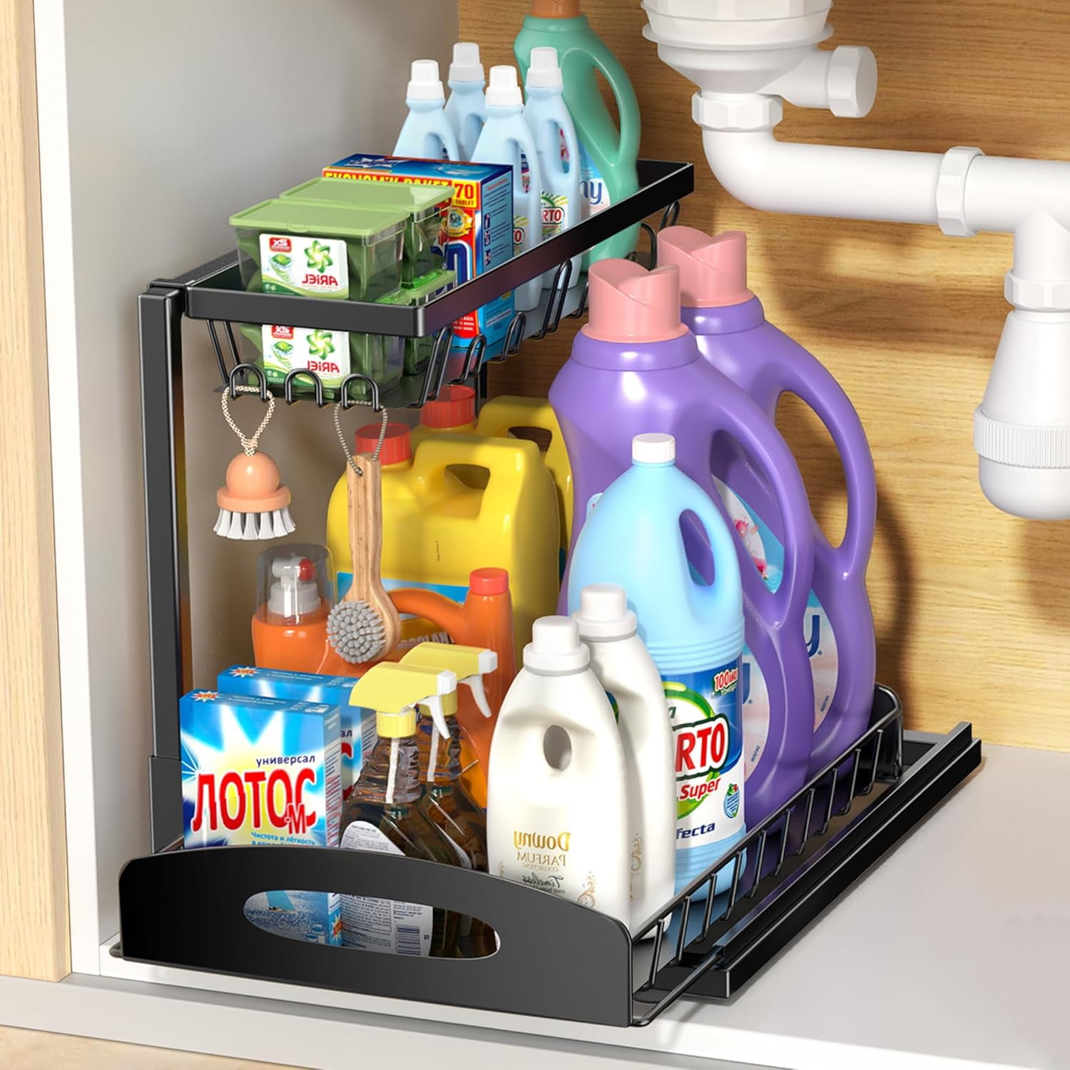 Under Sink Organizer, 2 Tier L-Shaped Bathroom Kitchen Organizers and ...