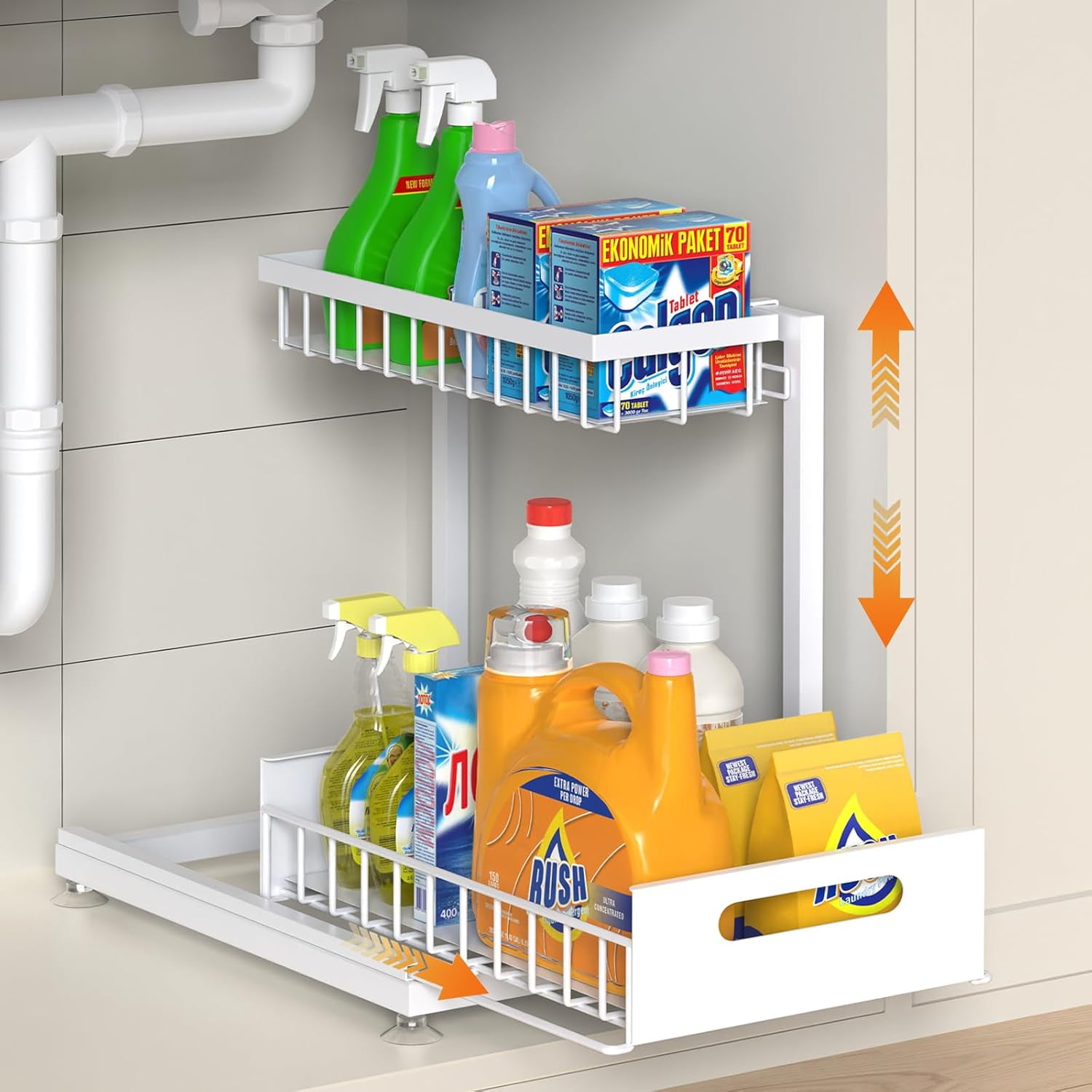 Under Sink Organizer Storage 2-Tier Premium Metal Pull-Out Racks ...
