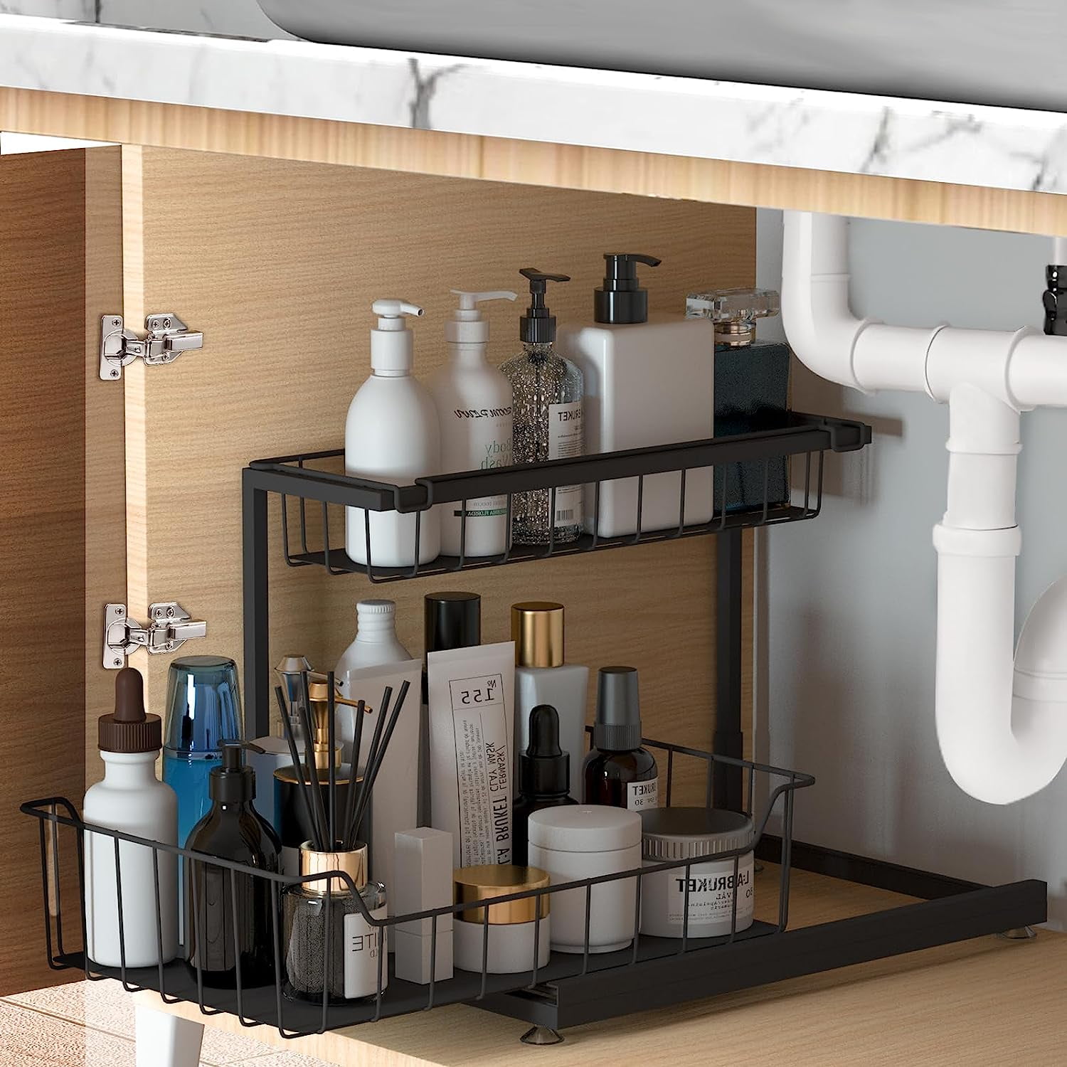 Under Sink Organizers and Storage, L-Shaped 2-Tier Pull-Out Painted ...