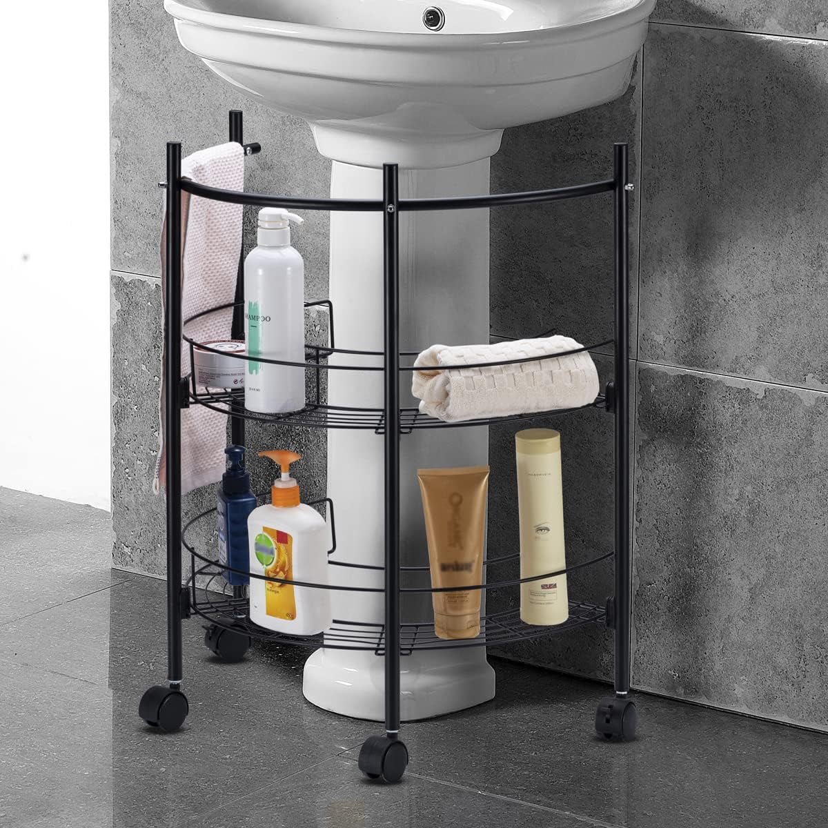 Under Sink Pedestal Rack with 2 Shelves Metal Bathroom Organizer with ...