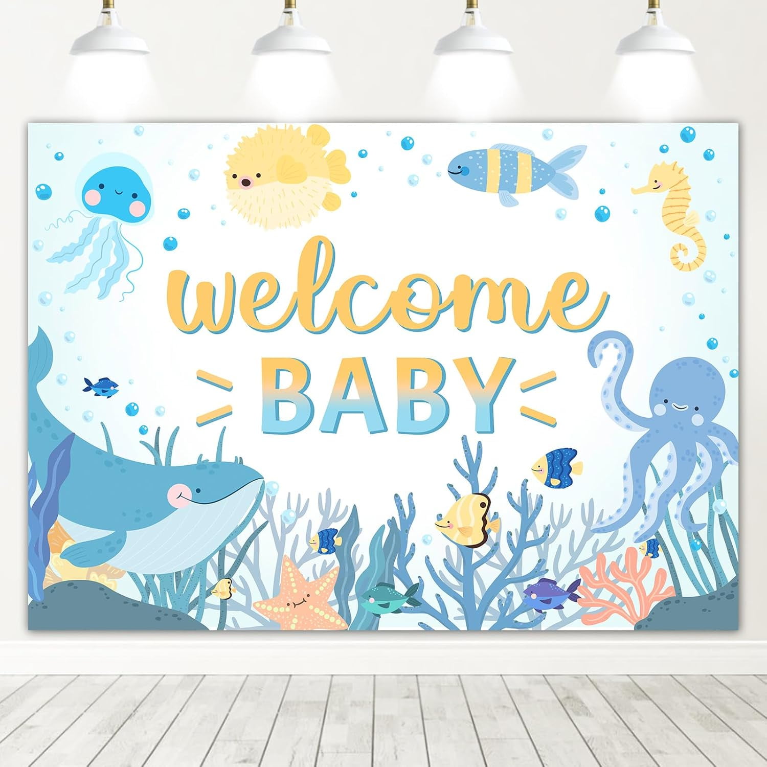 Under The Sea Baby Shower Backdrop Blue Welcome Baby Background Ocean ...