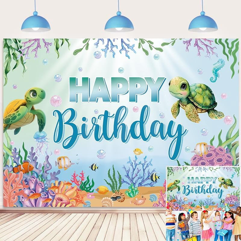 Under The Sea Birthday Backdrop Coral Fish Turtle Happy Birthday ...