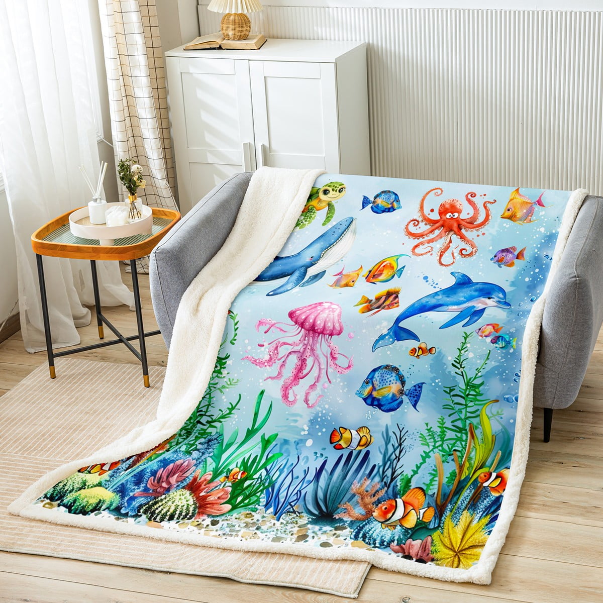 Under The Sea Blanket Blue Ocean Octopus Dolphin Whale Underwater Fish ...