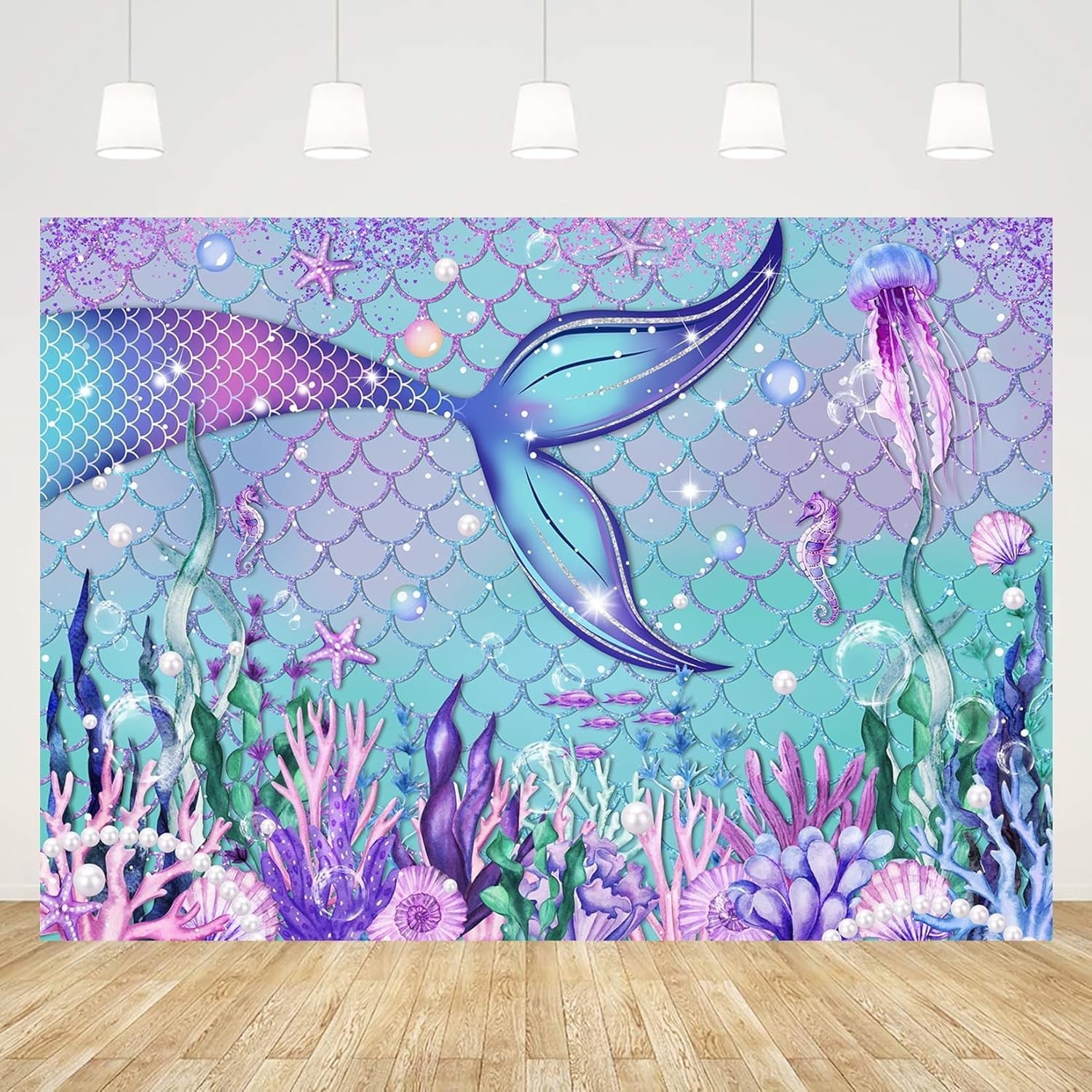 Under The Sea Mermaid Photography Backdrop Purple Blue Seaweed Glitter ...