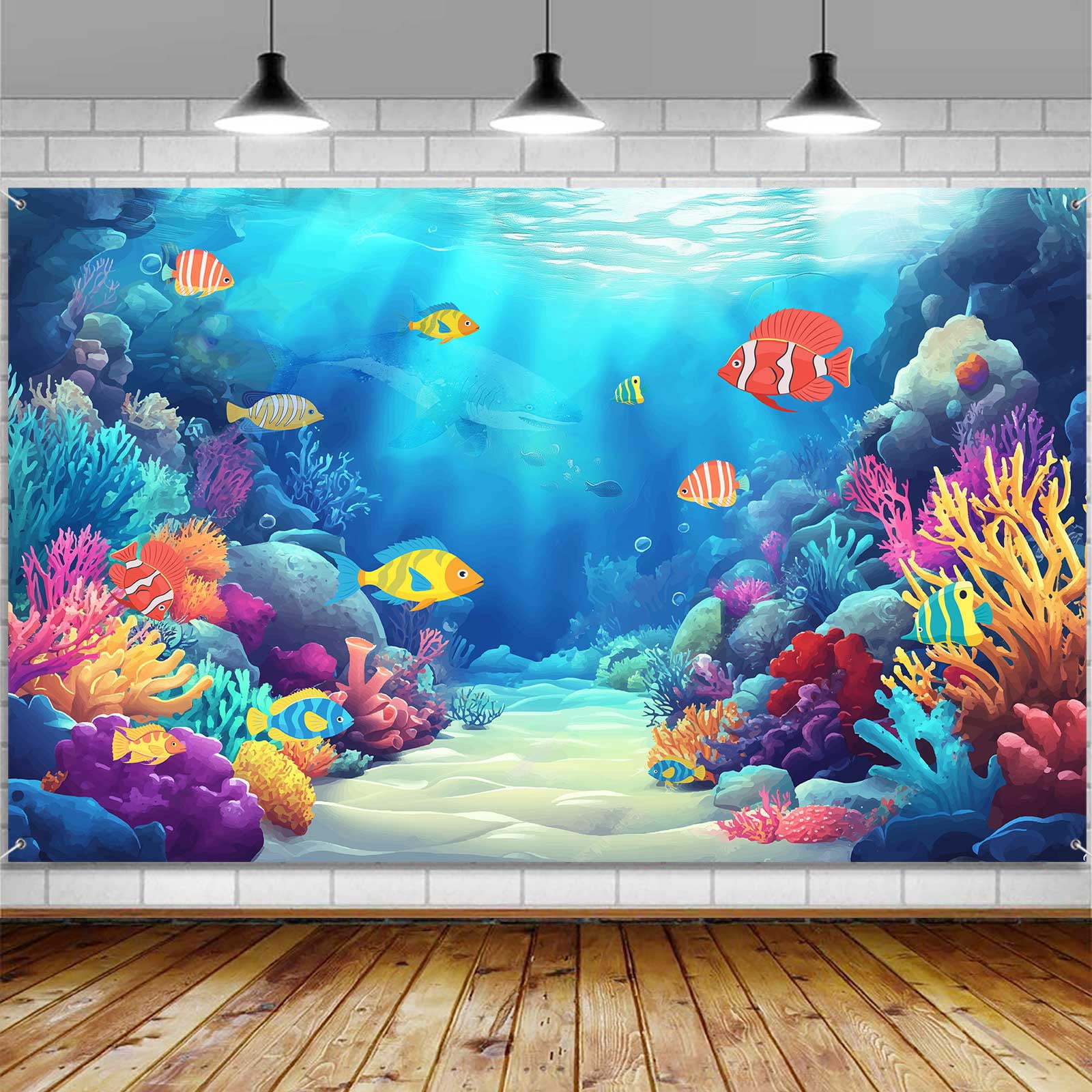 Under The Sea Party Banner Backdrop, Blue Ocean Fish Coral Themed Large ...